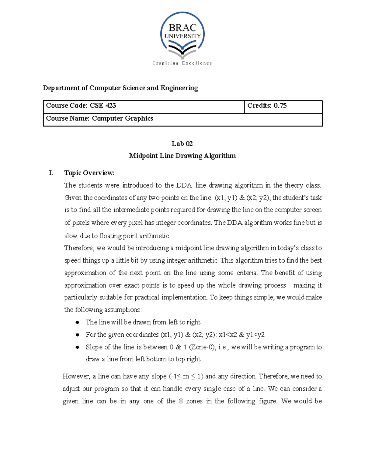 CSE 423 Lab Assignment: Midpoint Line Drawing Algorithm Overview - Studocu