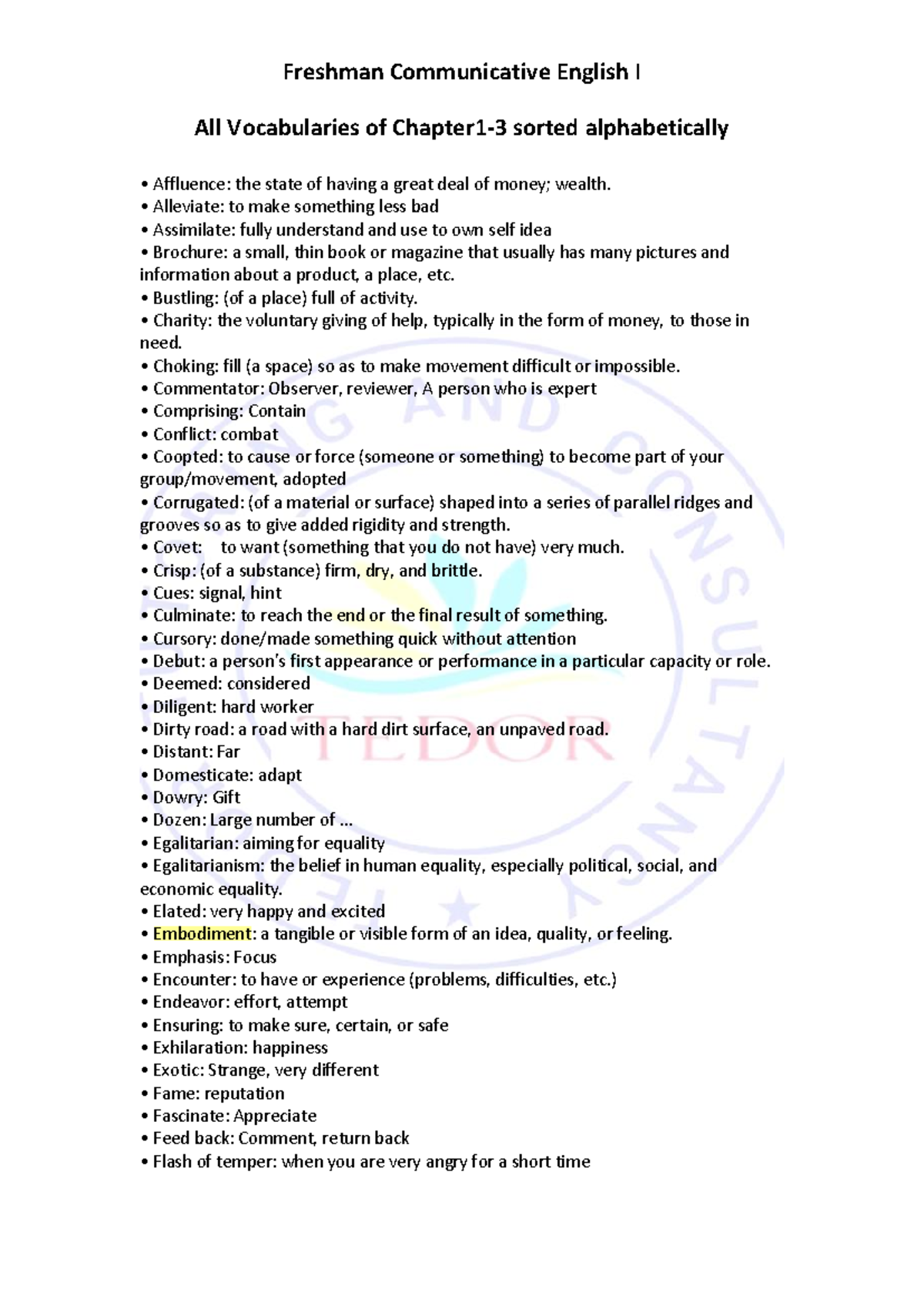 All Vocabularies of Chapters 1-3 for Freshman Communicative English I ...