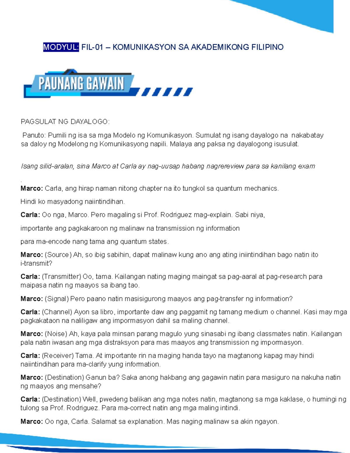 FIL-01 - Dayalogo Base sa Modelo ng Komunikasyon para sa Exam - Studocu