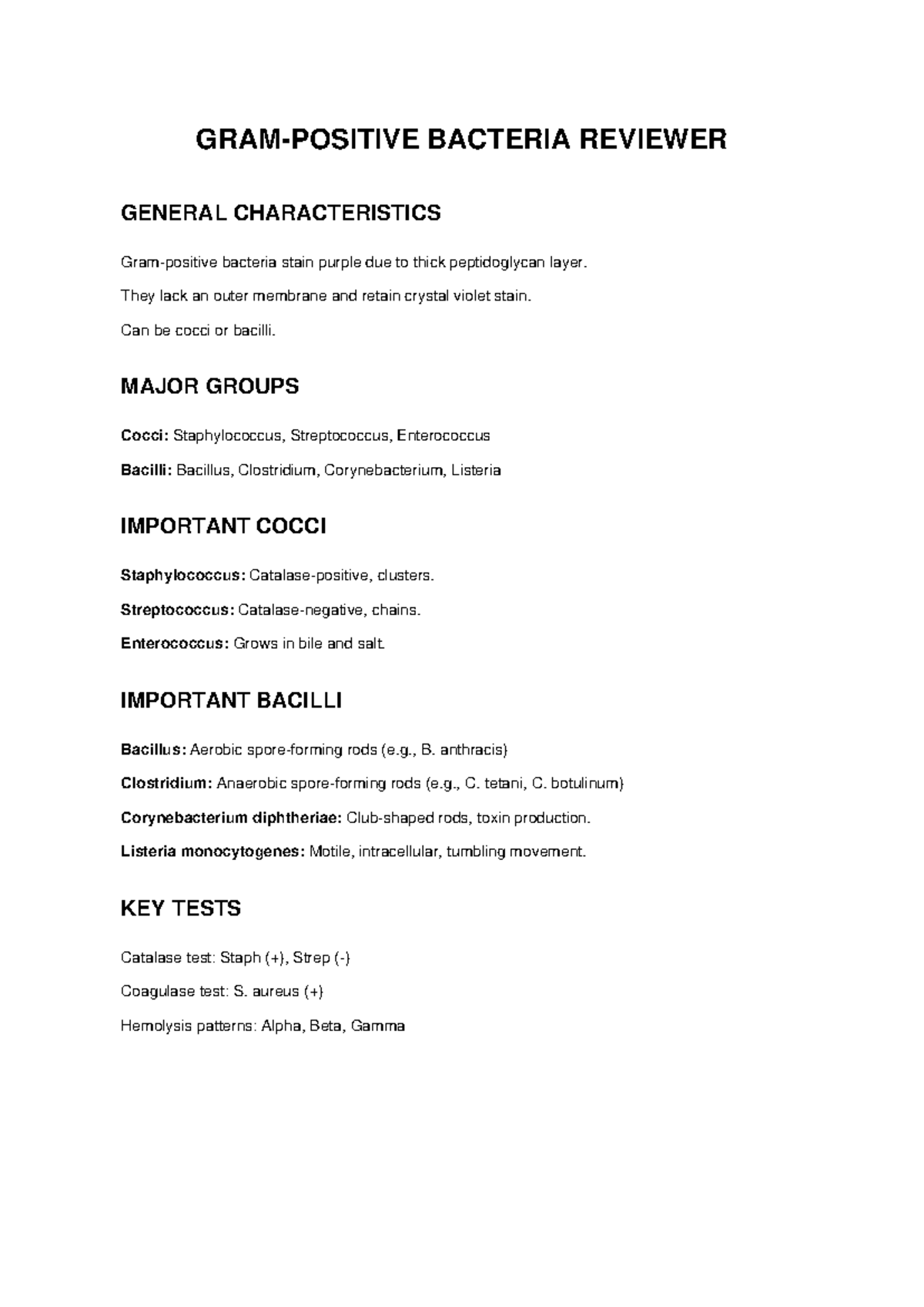Gram Positive Bacteria Reviewer (BIO 101) - Key Characteristics & Tests ...