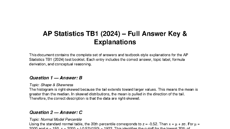 AP Statistics TB1 (2024) Complete Answer Key & Explanations - Studocu