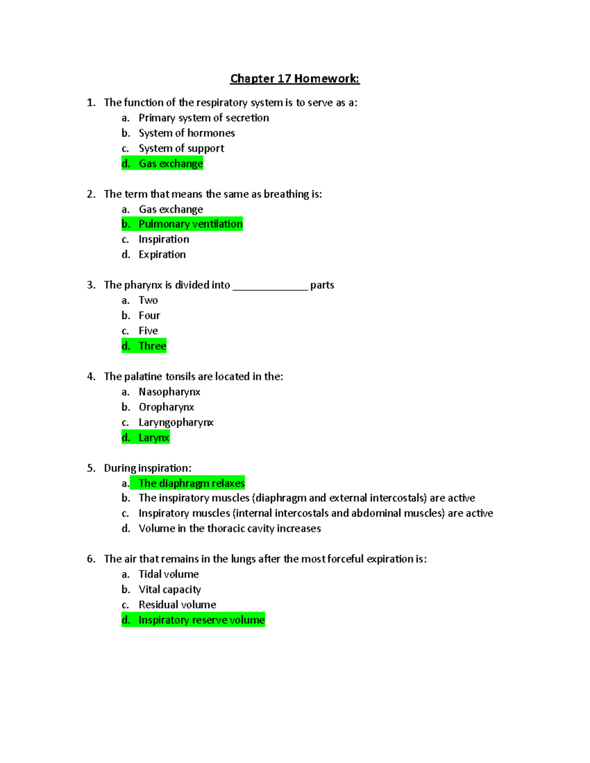 Ch17ap - Respiratory System Homework Questions and Answers - Studocu