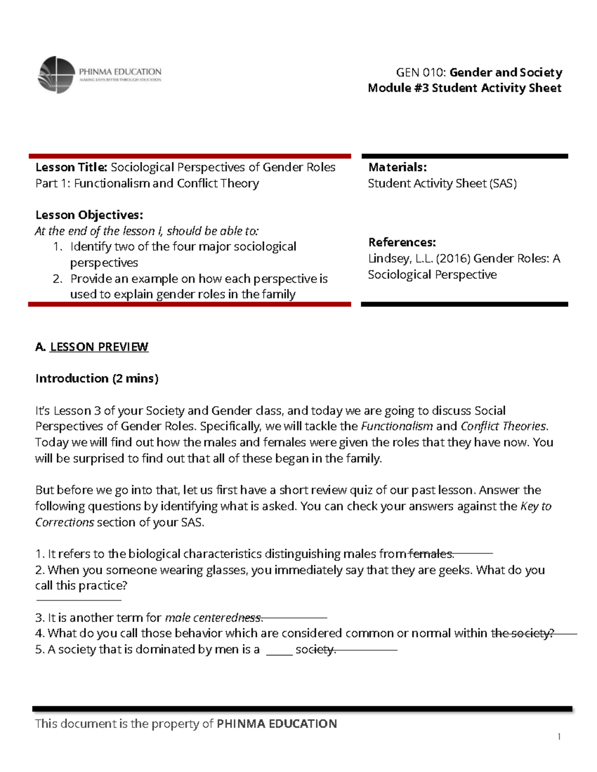 GEN 010: Sociological Perspectives on Gender Roles - Lesson 3 - Studocu