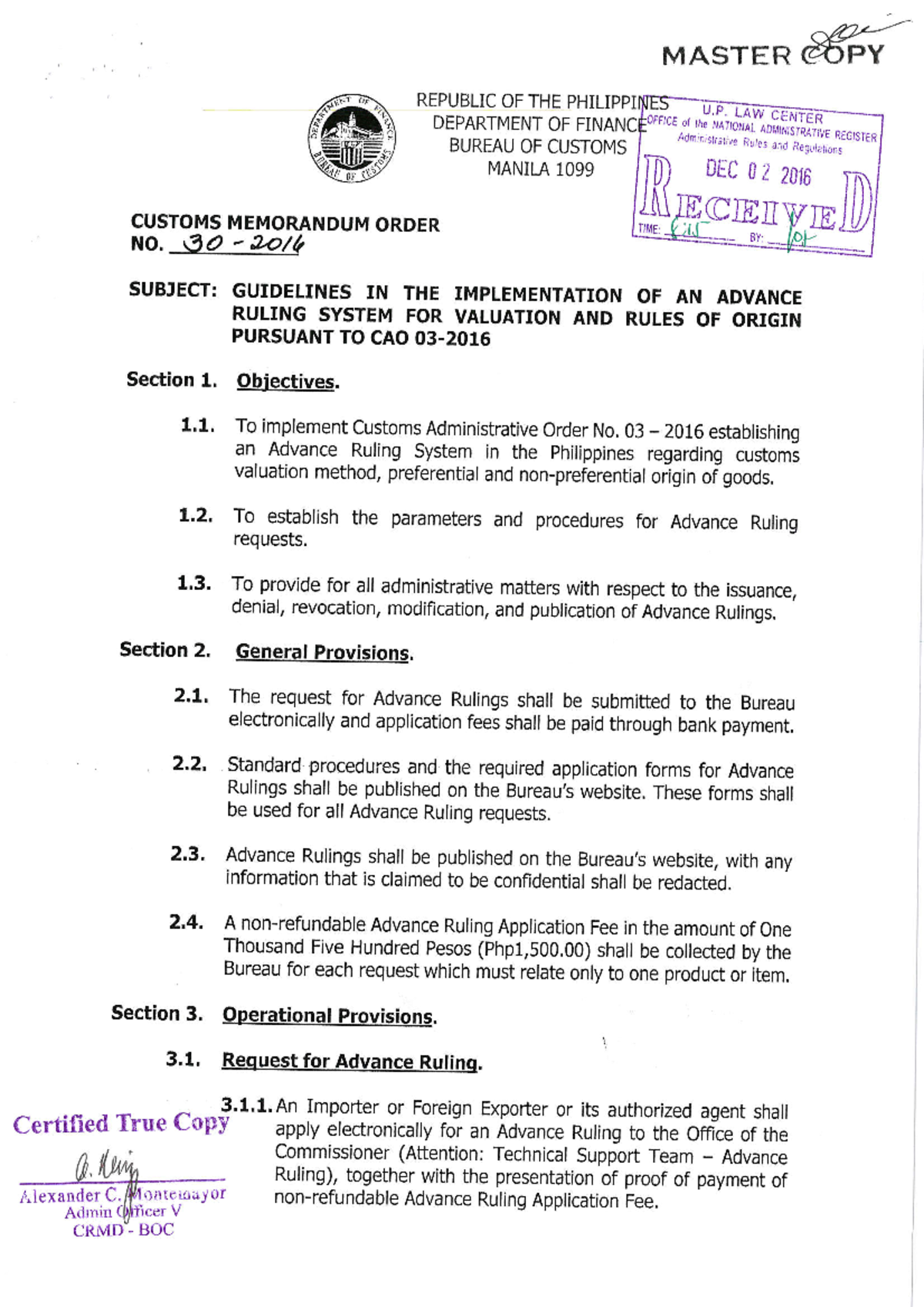 CMO 30-2016 Guidelines for Implementing Advance Rulings on Valuation ...