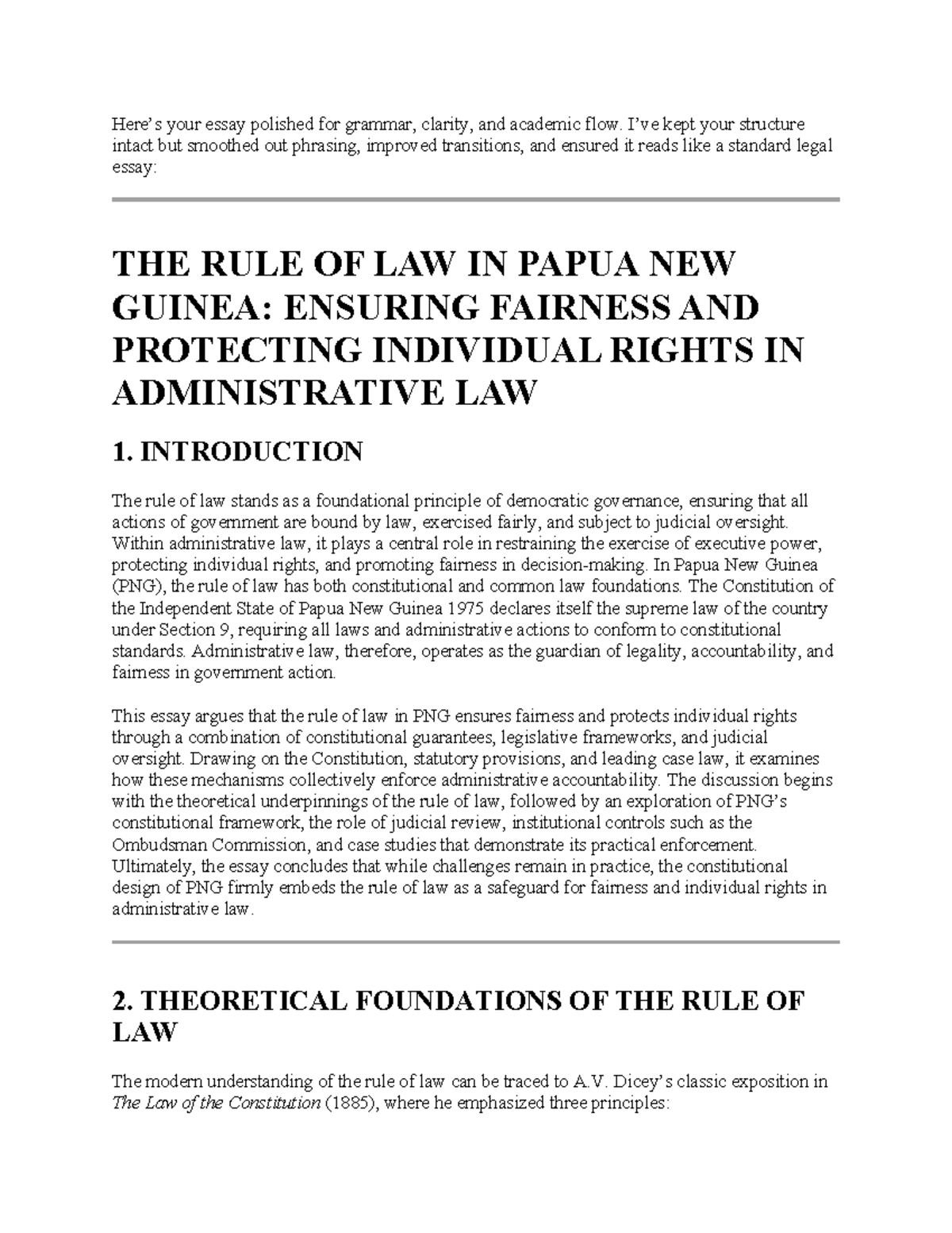 Final Draft - Admin LAW Essay: The Rule of Law in PNG - Studocu