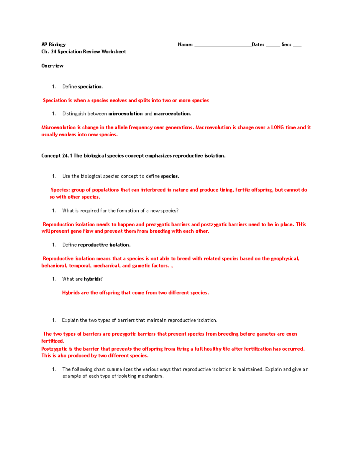 Ap BIO Chapter 24 The Origin of Species - AP Biology Name ...