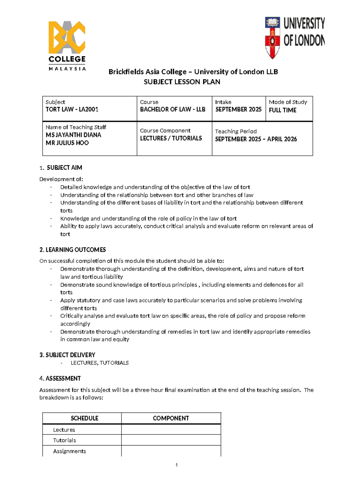 Tort Law Lesson Plan - LA2001 for September 2025 Intake - Studocu