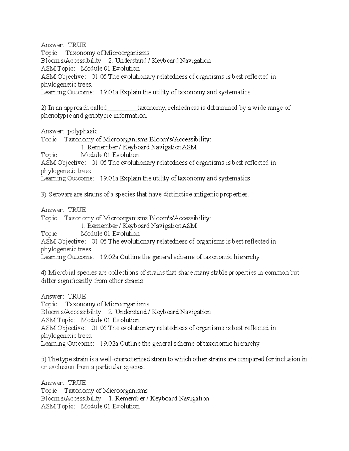 Taxonomy of Microorganisms: Test Bank for ASM Module 01 - Studocu