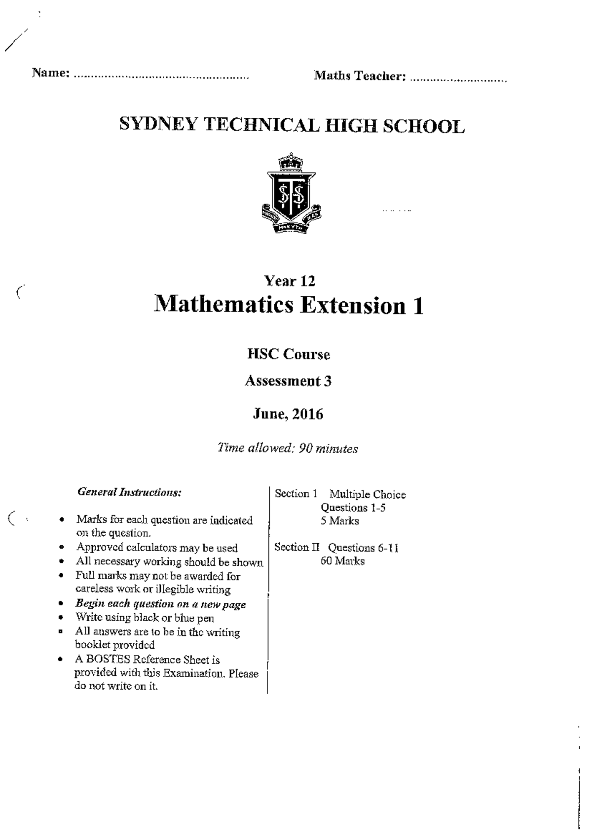 Sydney Tech Year 12 Mathematics Extension 1 HSC Assessment 3 Solutions ...