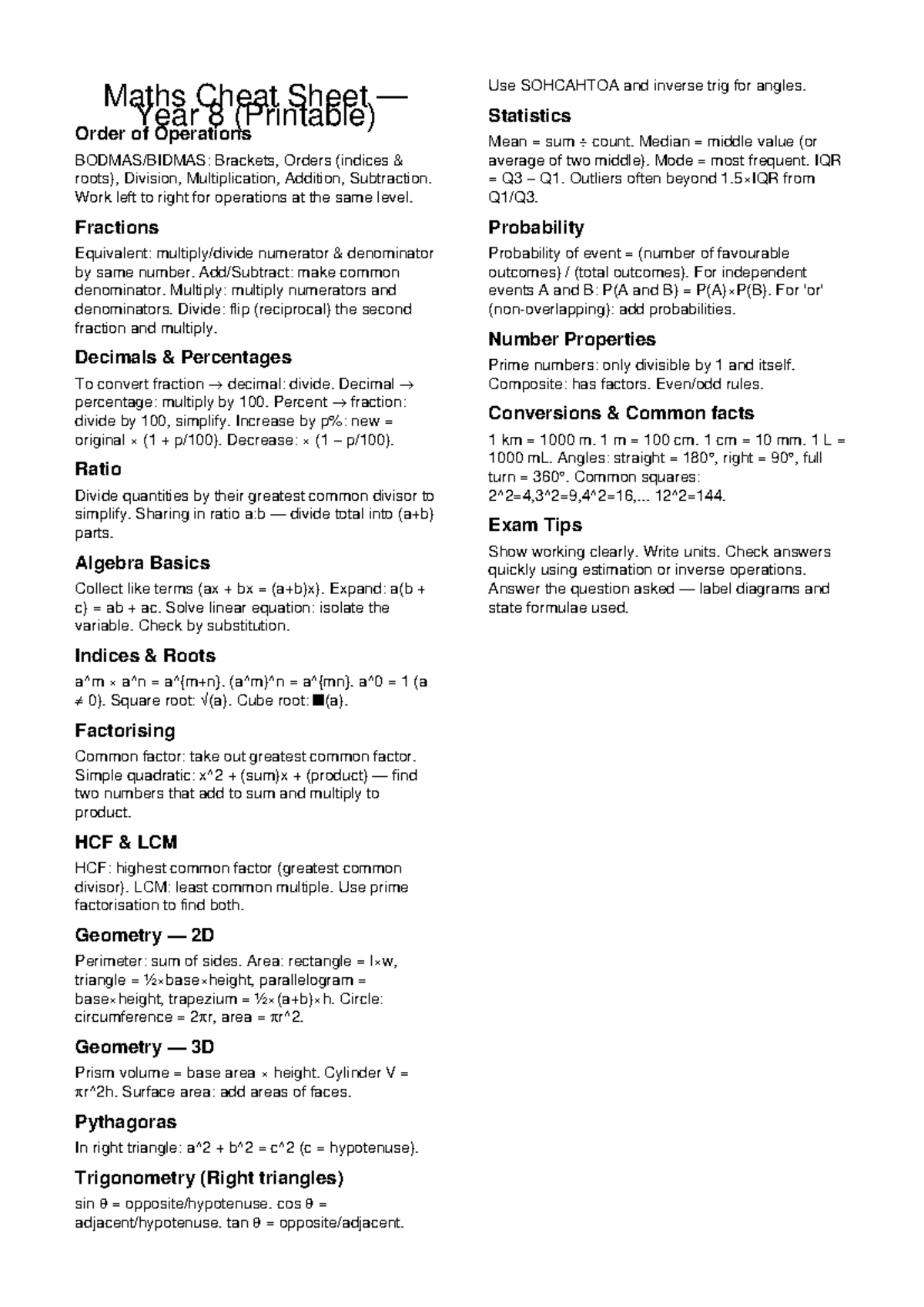 Maths Cheat Sheet Year 8: Order of Operations & Key Concepts - Studocu