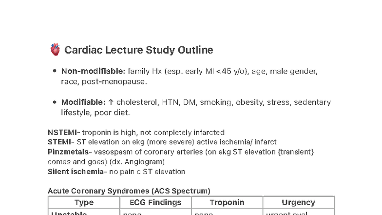 Cardiac Lecture Study Outline: Key Concepts for ACS Management - Studocu