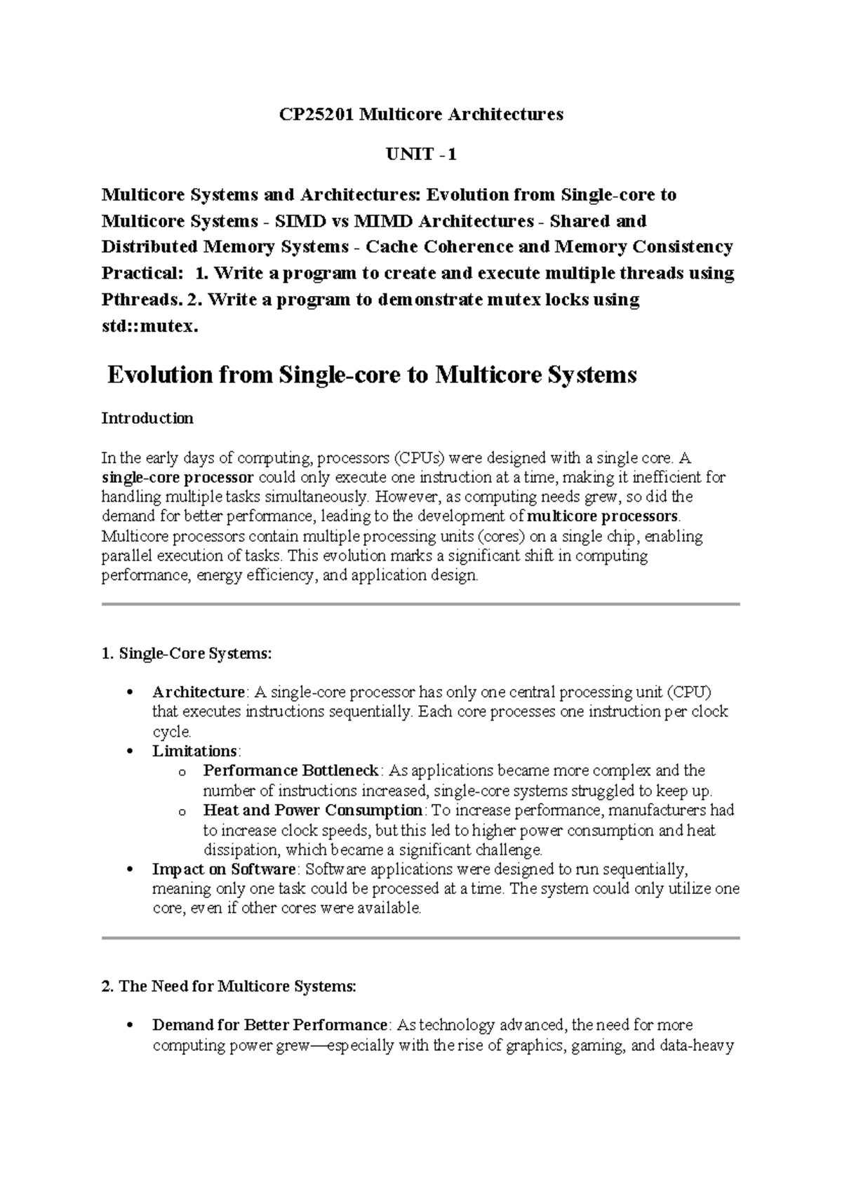CP25201 Multicore Architectures: Evolution, SIMD vs MIMD, and Memory ...