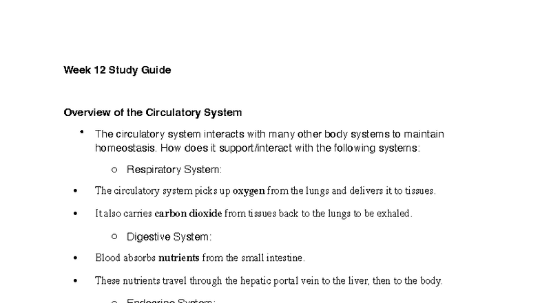 Circulatory System Study Guide (Week 12): Key Concepts & Functions - Studocu