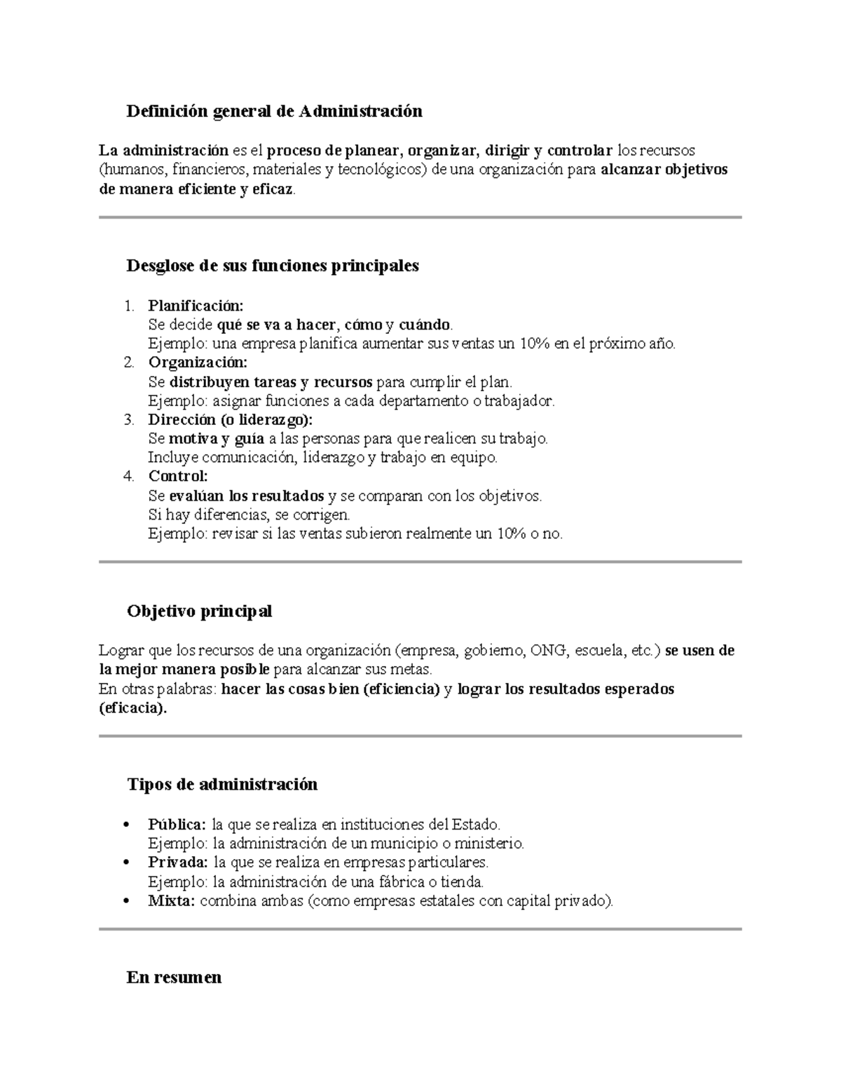 Resumen de Administración: Definición y Funciones Clave - Studocu