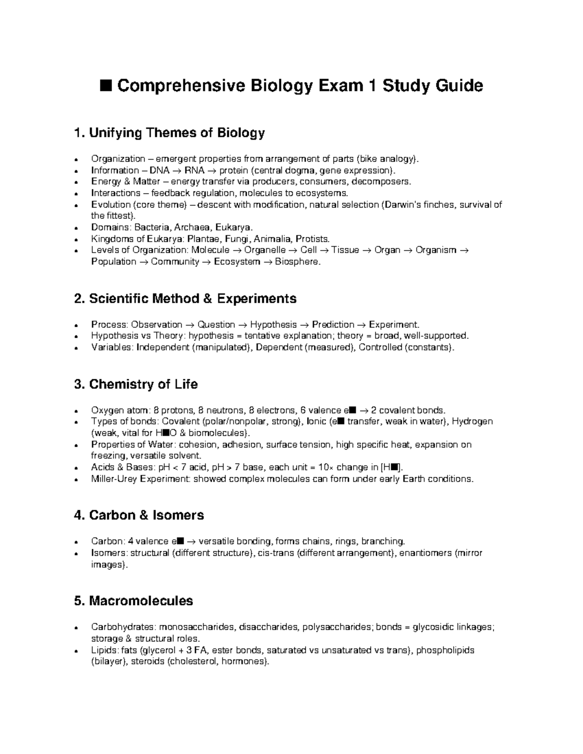 Comprehensive Study Guide for Biology Exam 1 (BIO101) - Studocu