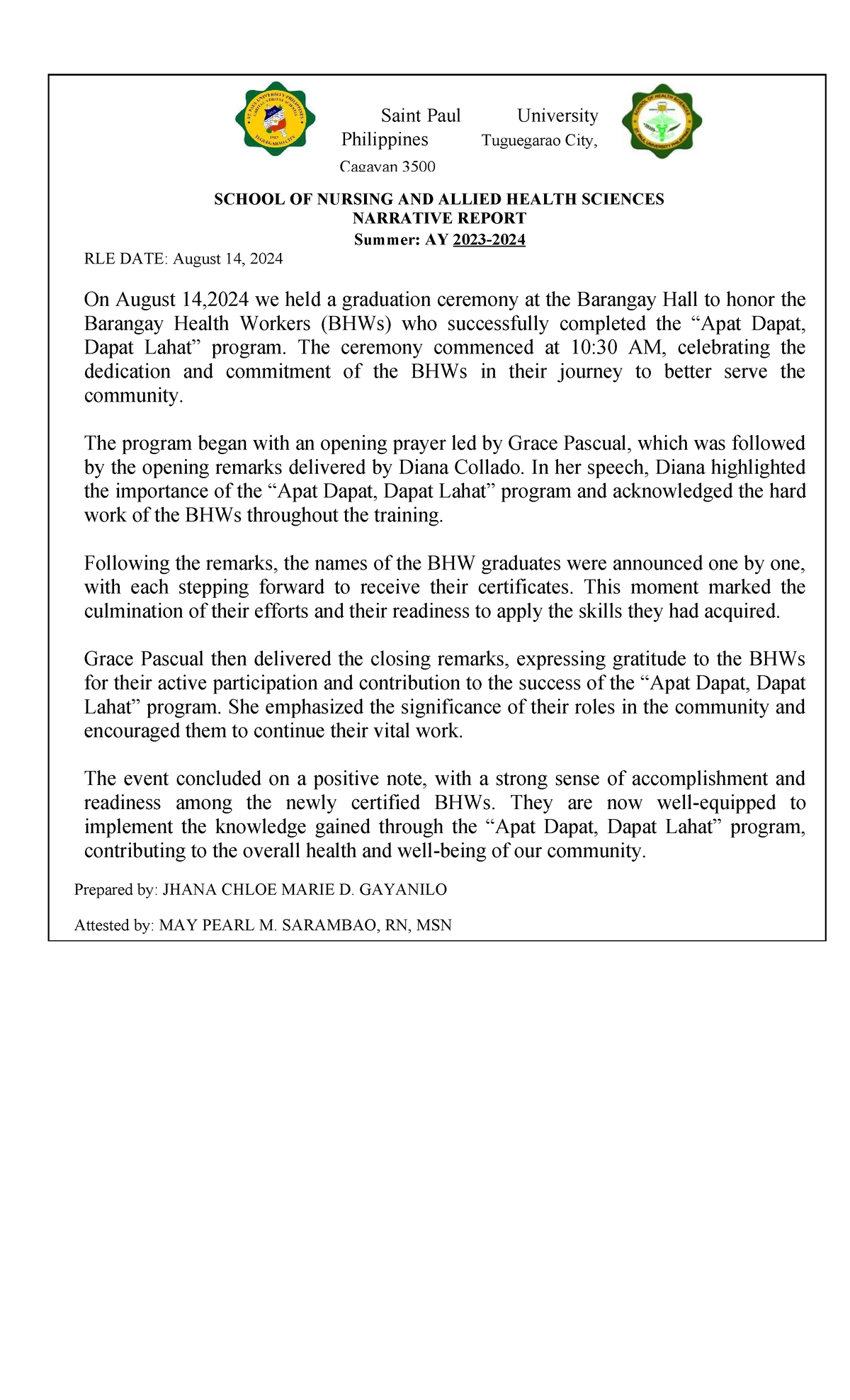 Narrative Report: Graduation Ceremony for BHWs - AY 2023-2024 - Studocu