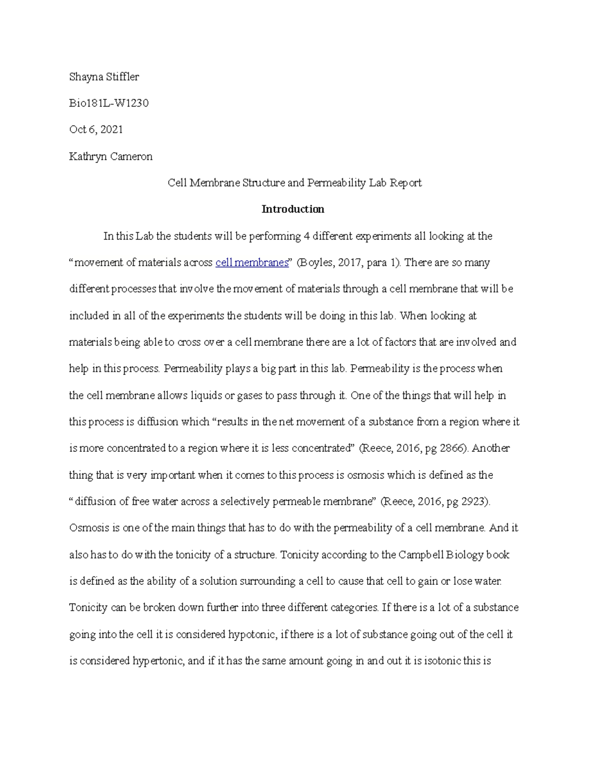 Cell Membrane Structure and Permeability Lab Report - Shayna Stiffler ...