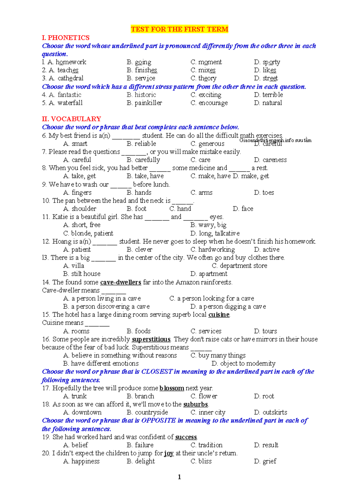 E6. TN50 PHONETICS, VOCABULARY, GRAMMAR & READING TEST FOR 1ST TERM ...