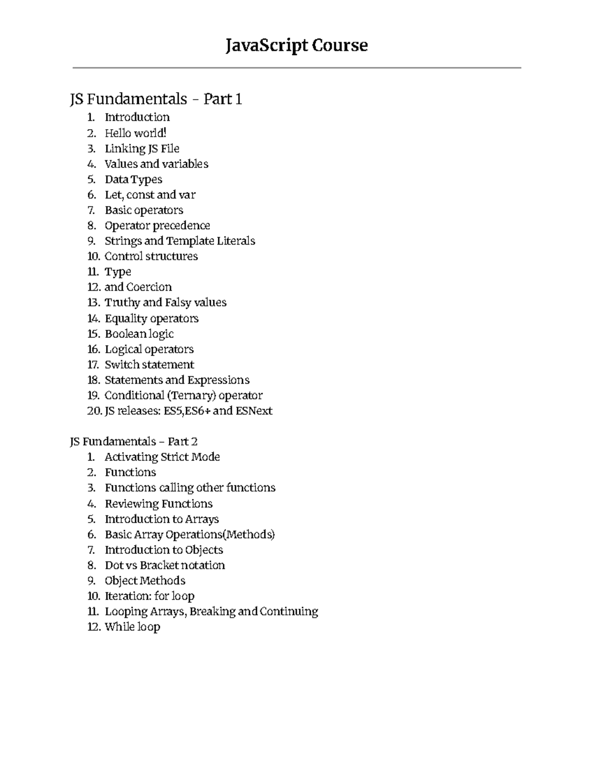 JavaScript Course Structure: JS Fundamentals Overview and Topics - Studocu