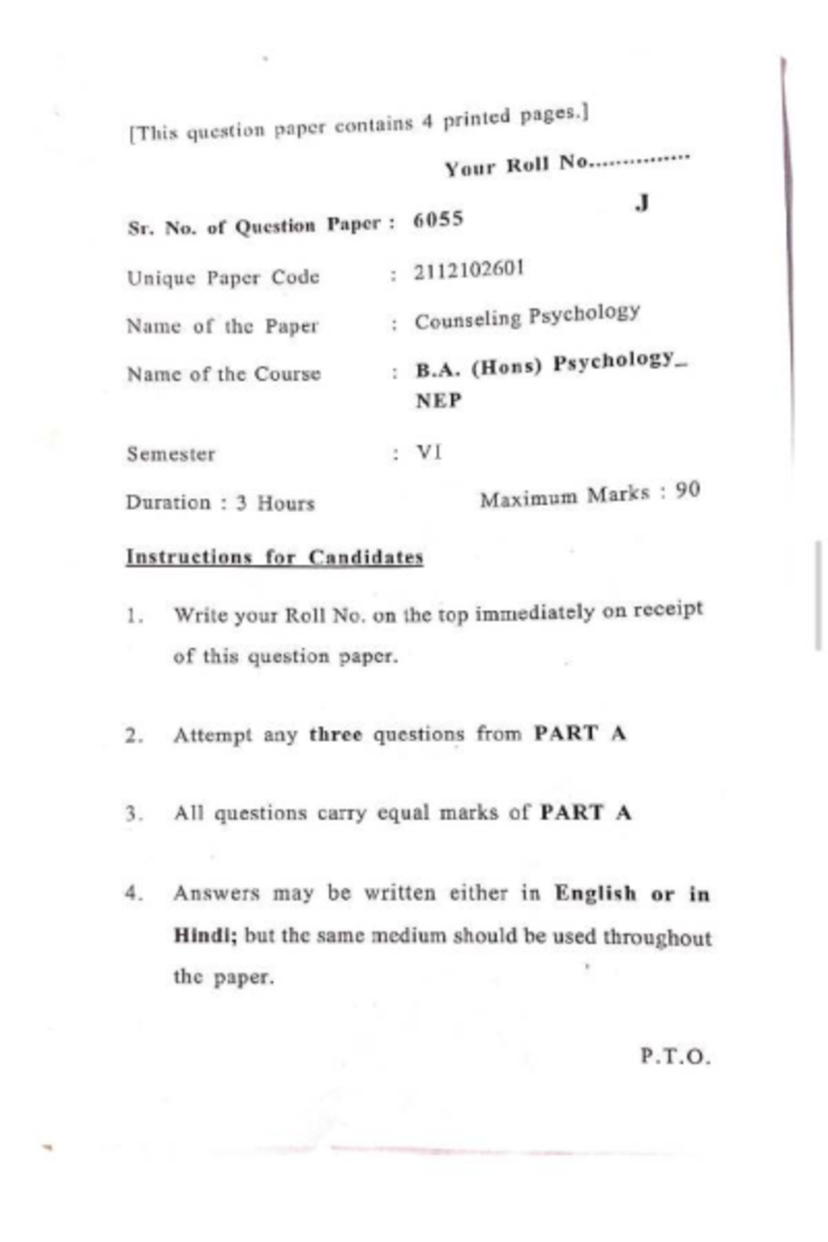 B.A. (Hons) Psychology - Counseling Psychology Question Paper (6055 ...