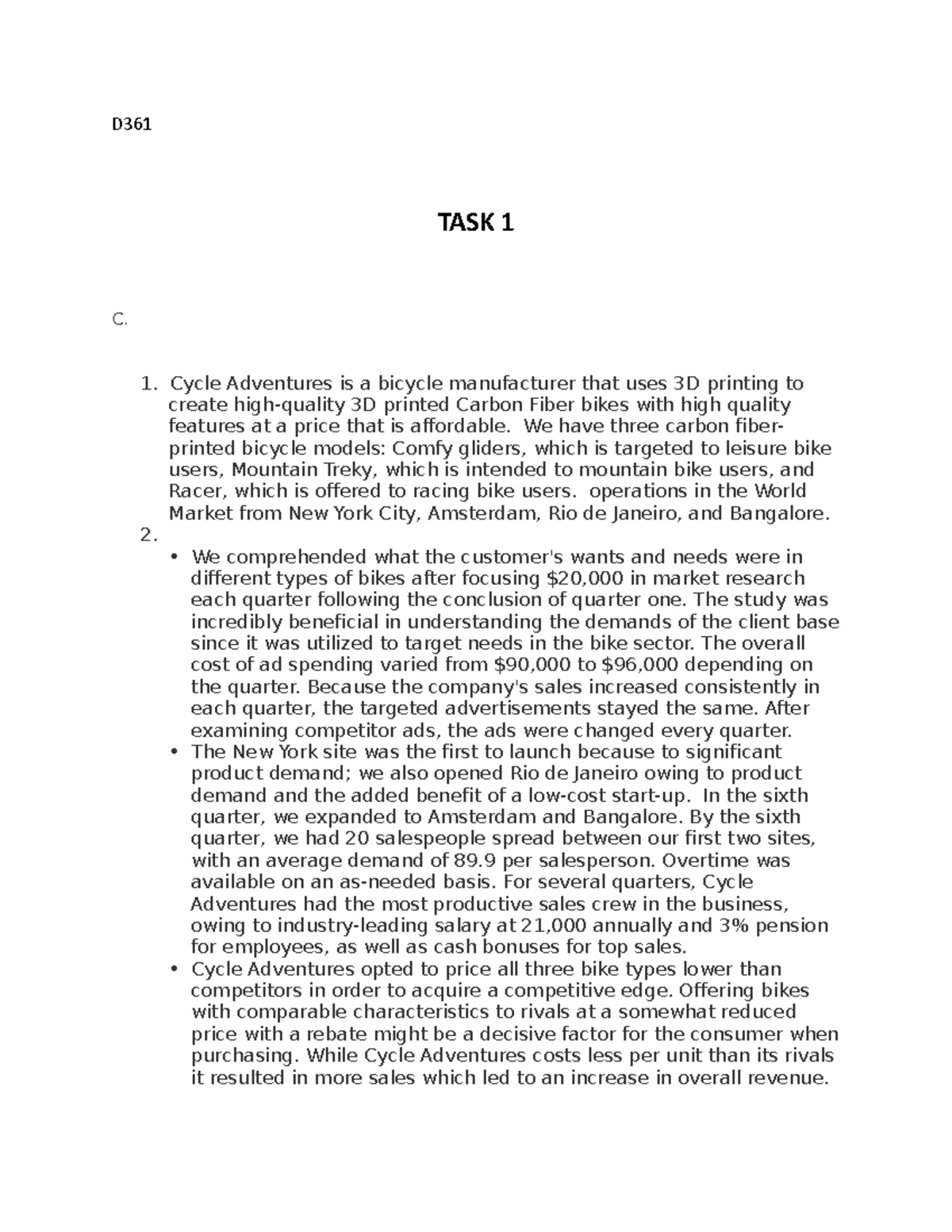 D361 Task 1 - Superior Bike Business Performance Report - Studocu
