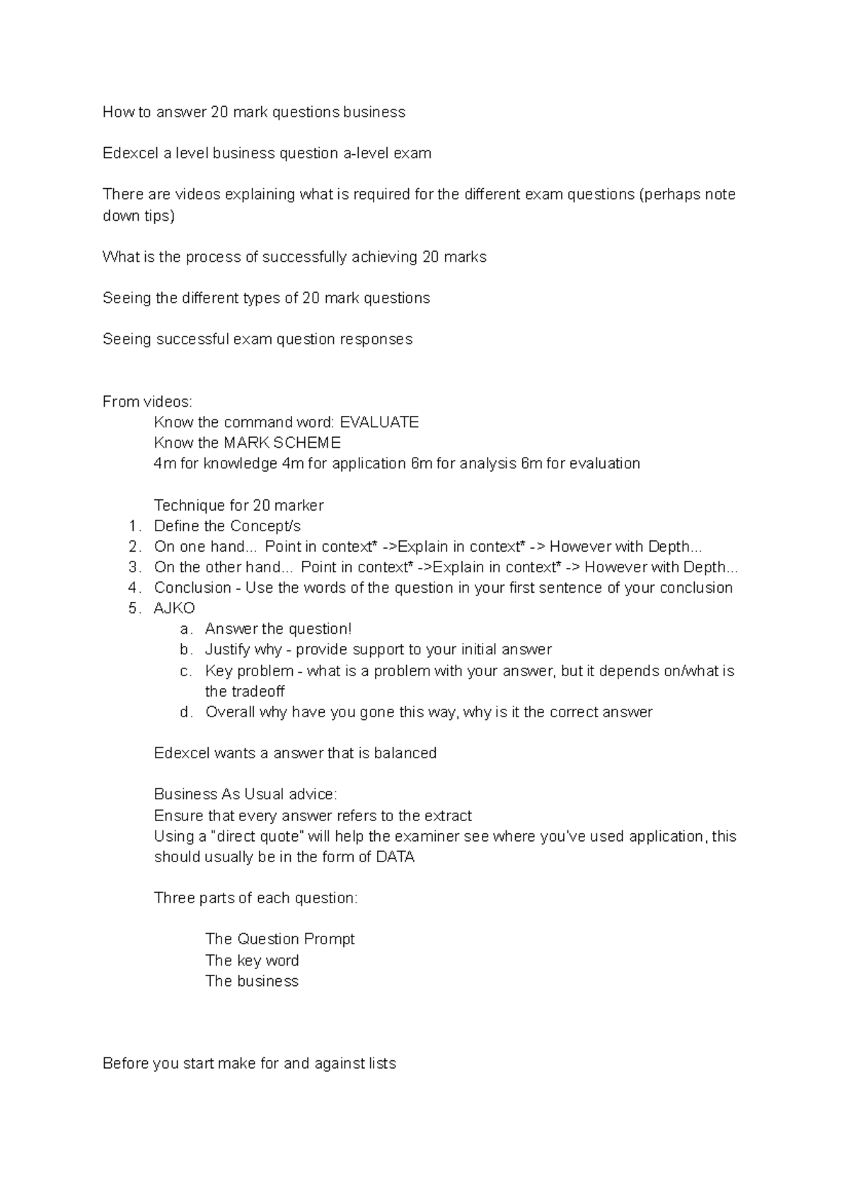 How to answer 20 mark questions business - How to answer 20 mark questions business Edexcel a ...