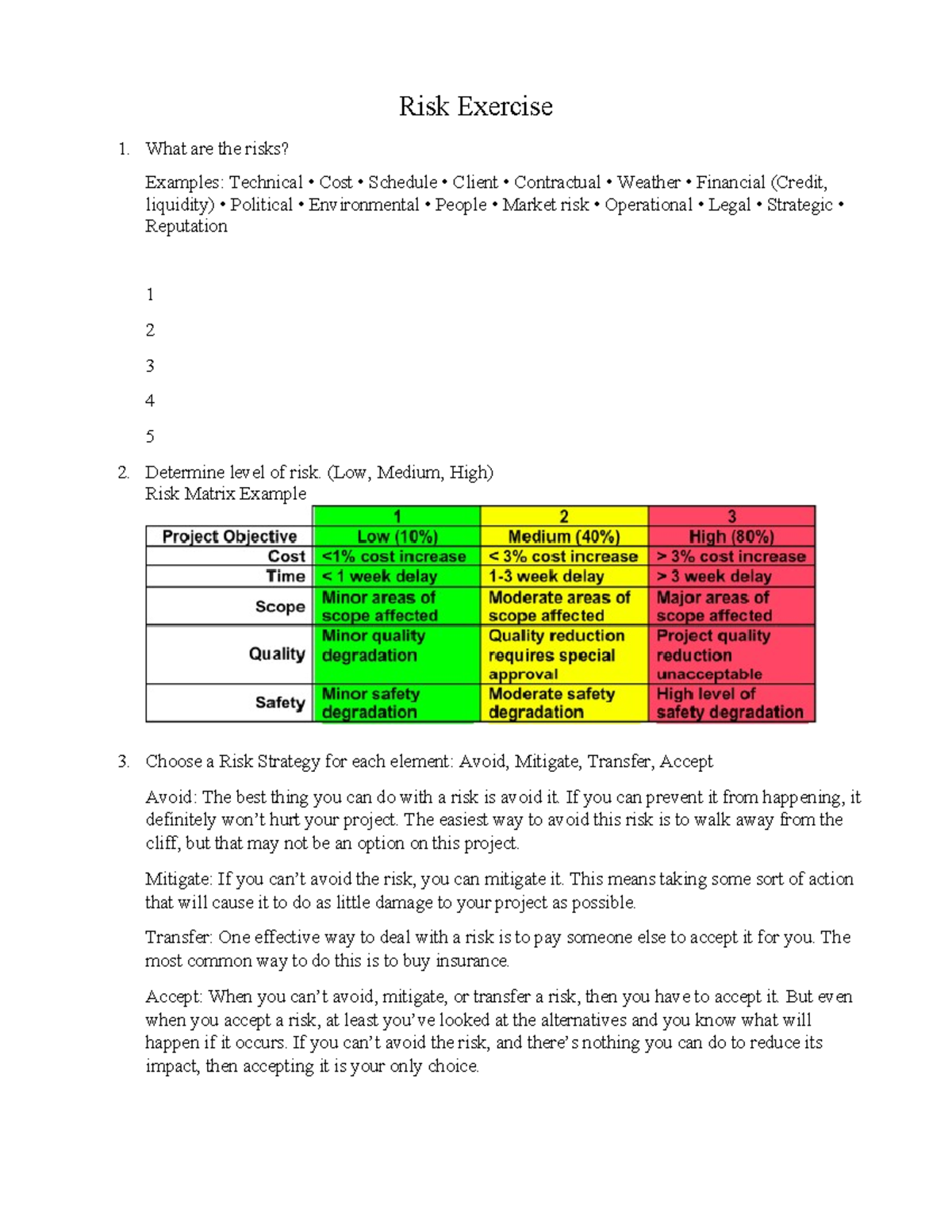 Risk Management Exercise 1: Identifying and Strategizing Risks - Studocu