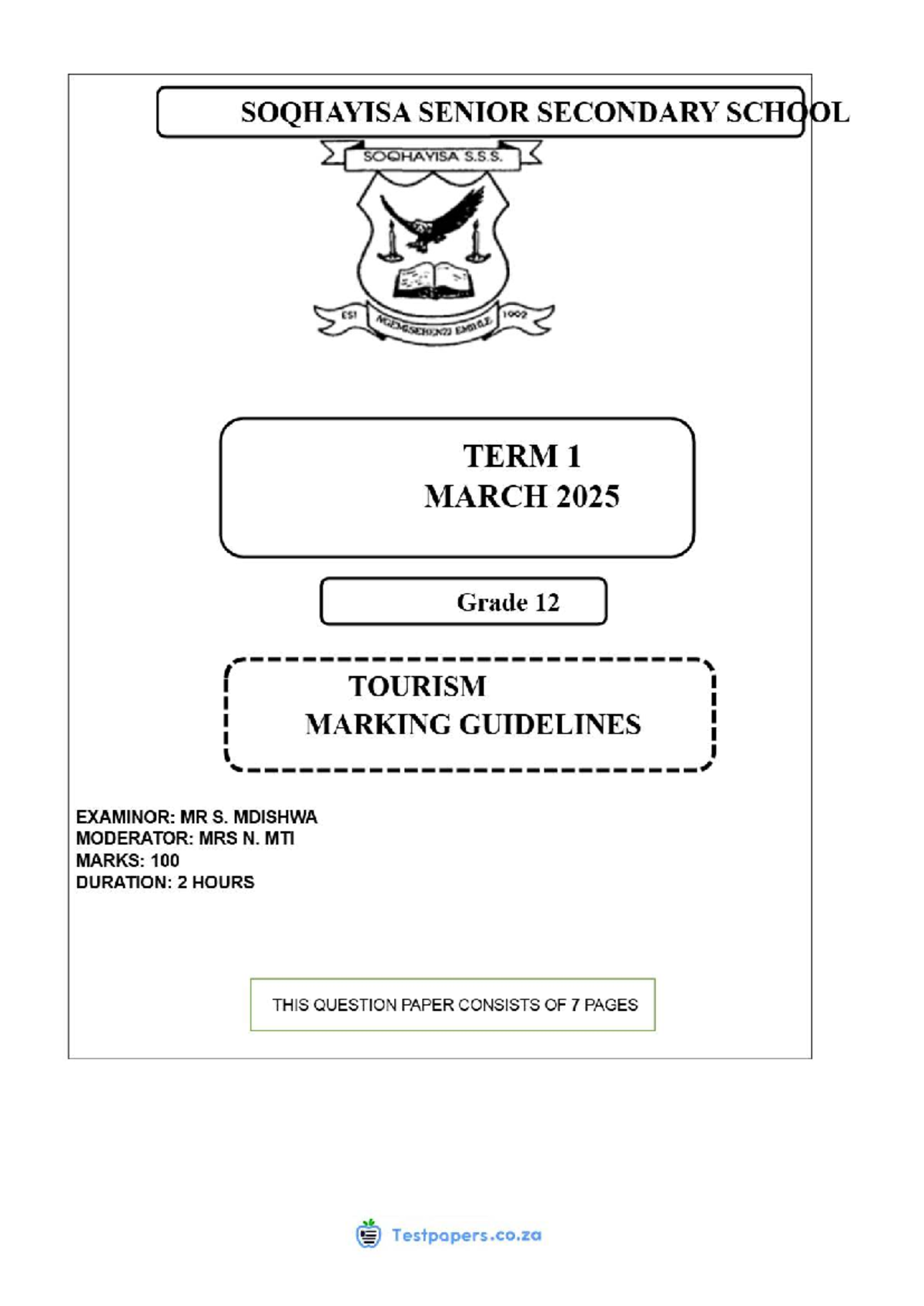 Grade 12 Tourism Exam Memo - March 2025 (SOQHAYISA S.S.S.) - Studocu