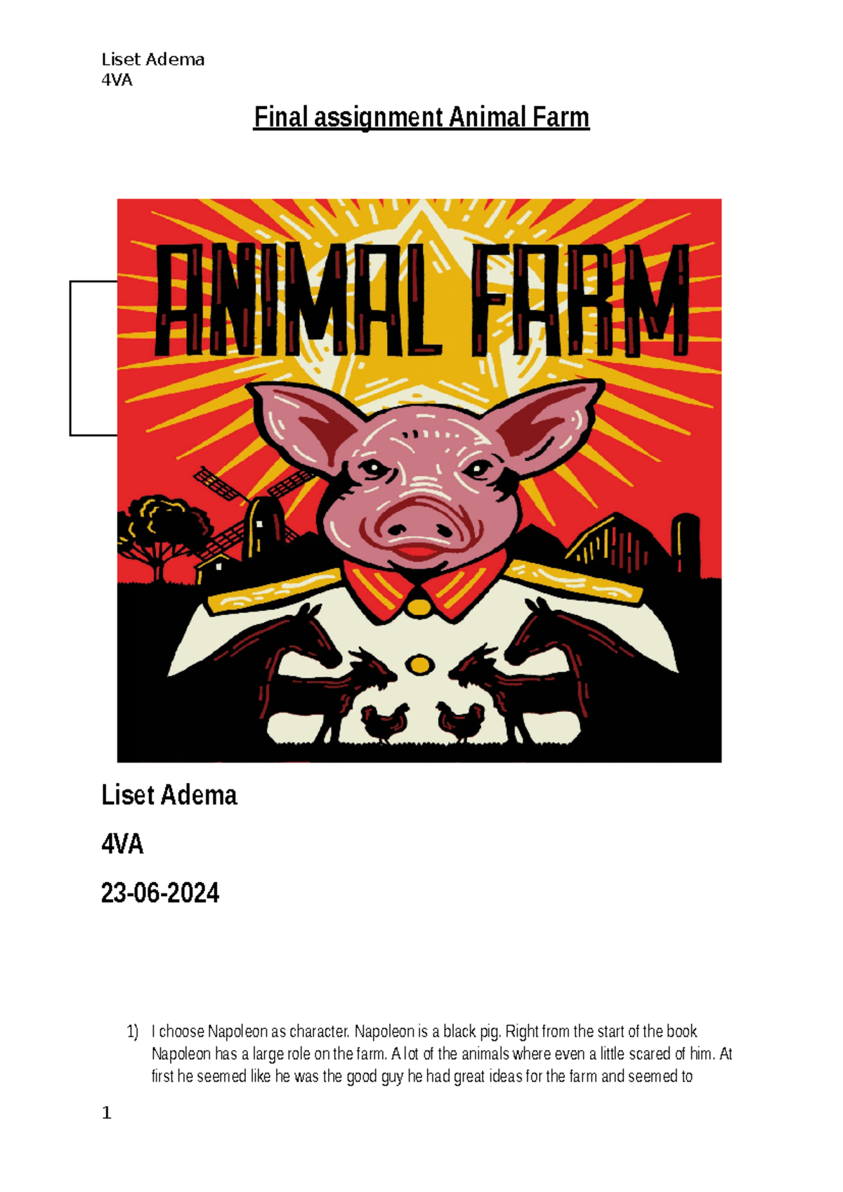 Animal Farm (4VA) Final Assignment: Analyzing Napoleon's Role - Studeersnel