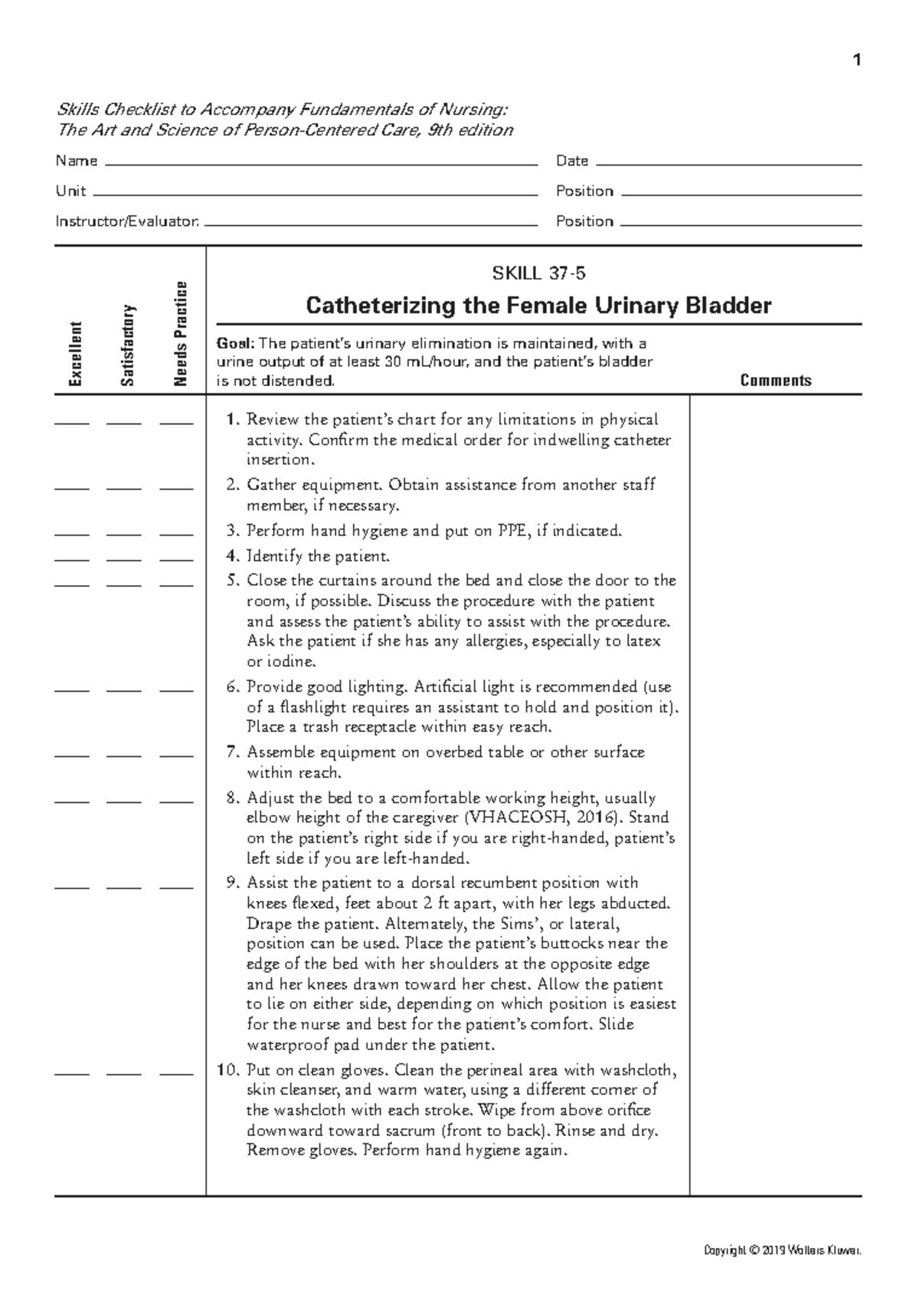 Skills Checklist for Catheterizing the Female Urinary Bladder (NUR 101 ...