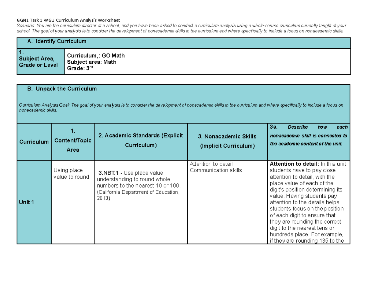 GGN1 Task 1 - Curriculum Analysis of GO Math for 3rd Grade - Studocu