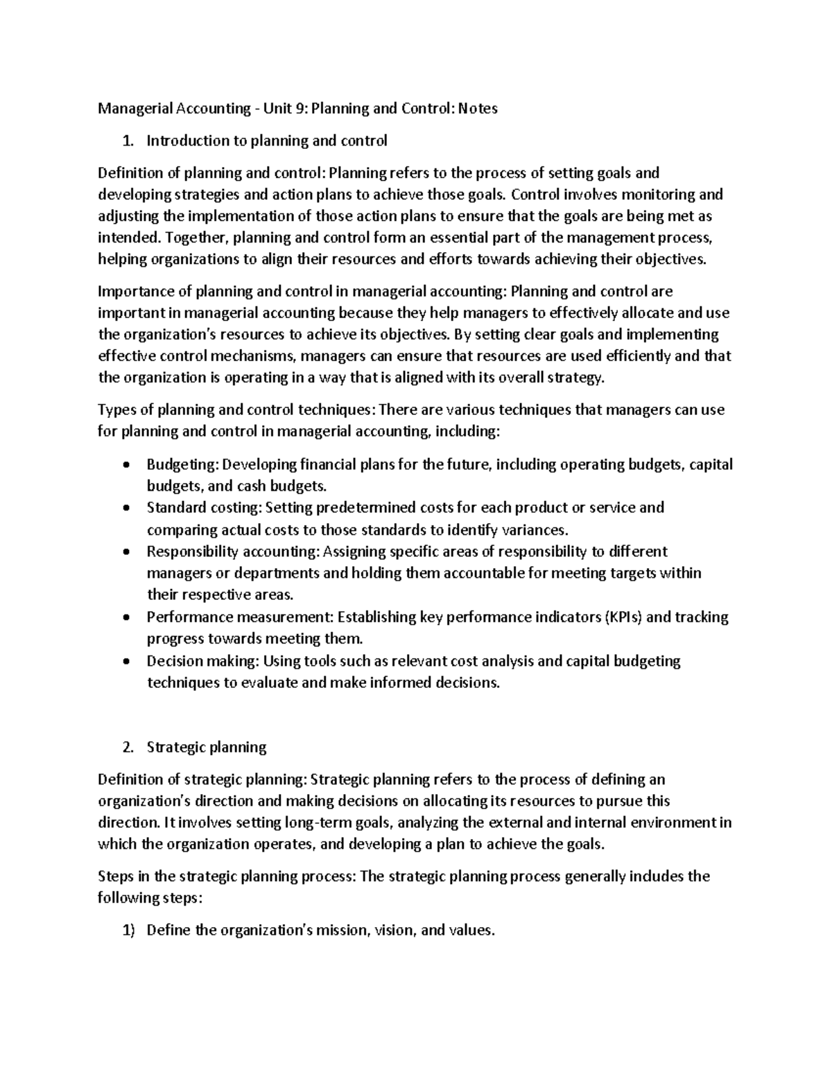 Managerial Accounting Notes: Planning and Control (Unit 9) - Studocu