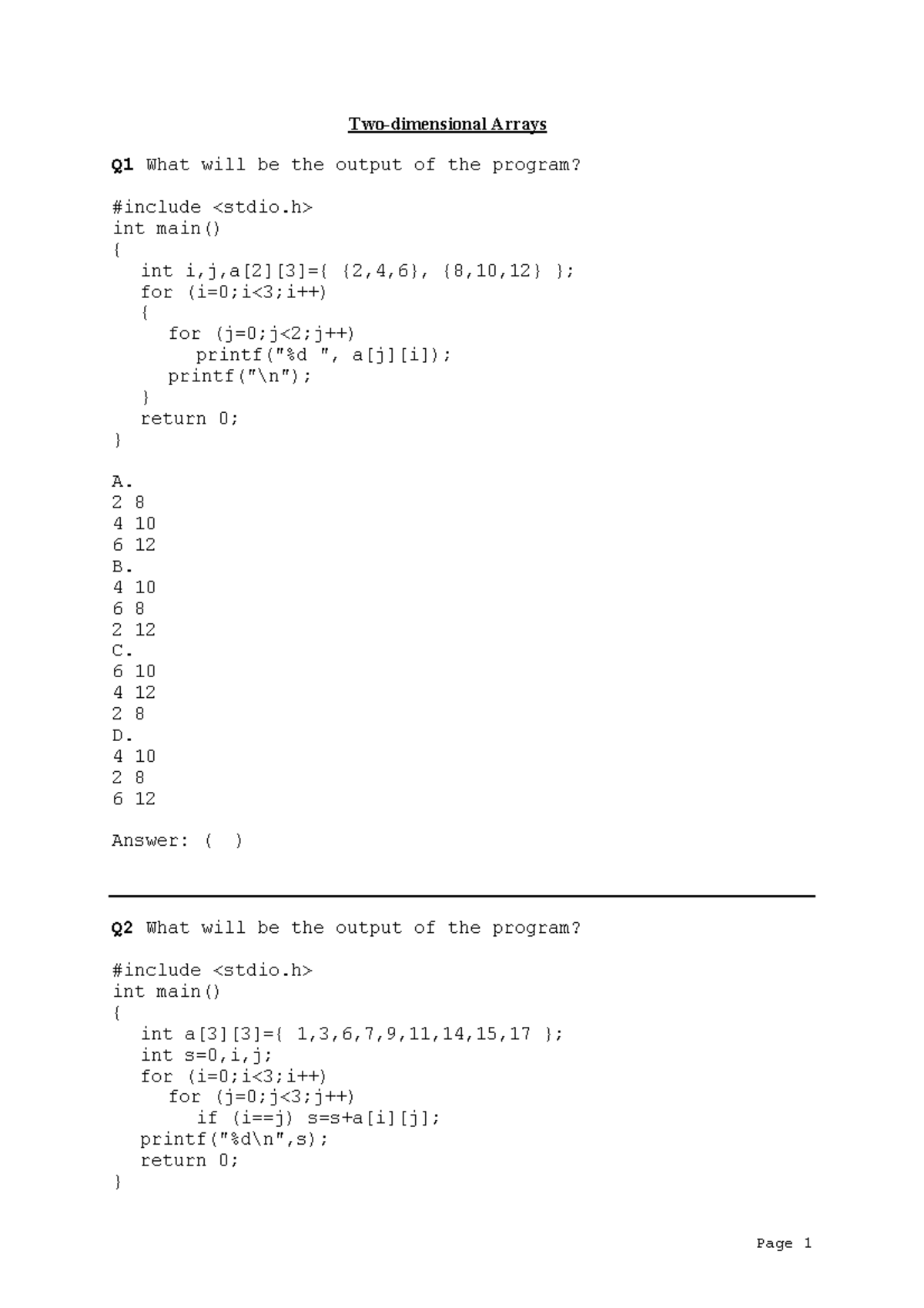 Arrays Q1-Q10: MCQ on Two-Dimensional Arrays (CS101) - Studocu