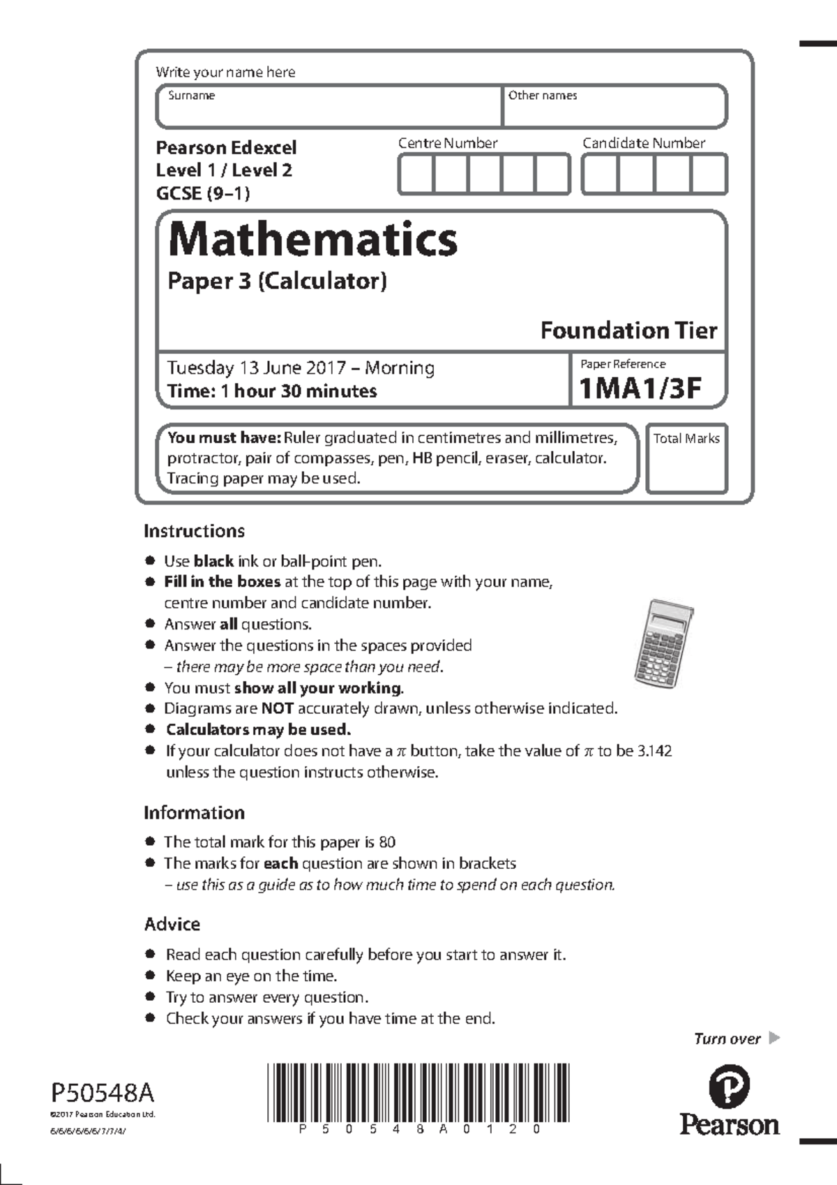 June 2017 Mathematics Paper 3 (Calculator) Foundation Tier - QP - Studocu