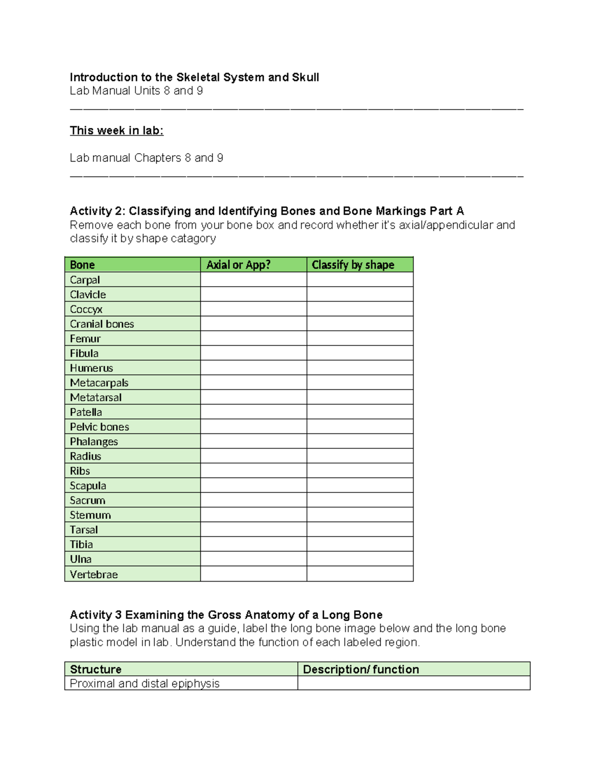 Bio 211 Lab Manual: Intro to Skeletal System & Skull (Units 8-9) - Studocu