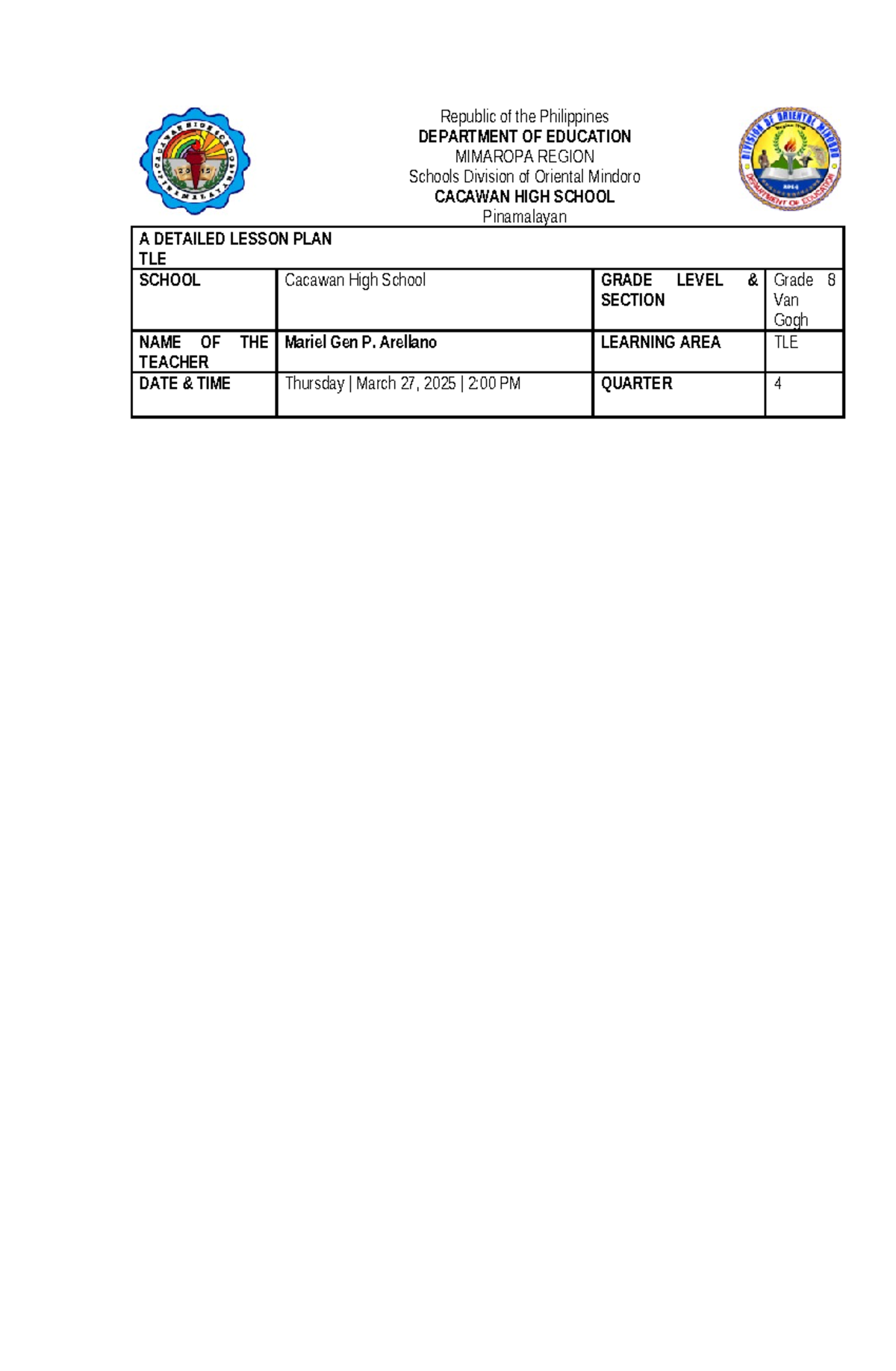 Final DEMO LP - lesson plan - Republic of the Philippines DEPARTMENT OF ...