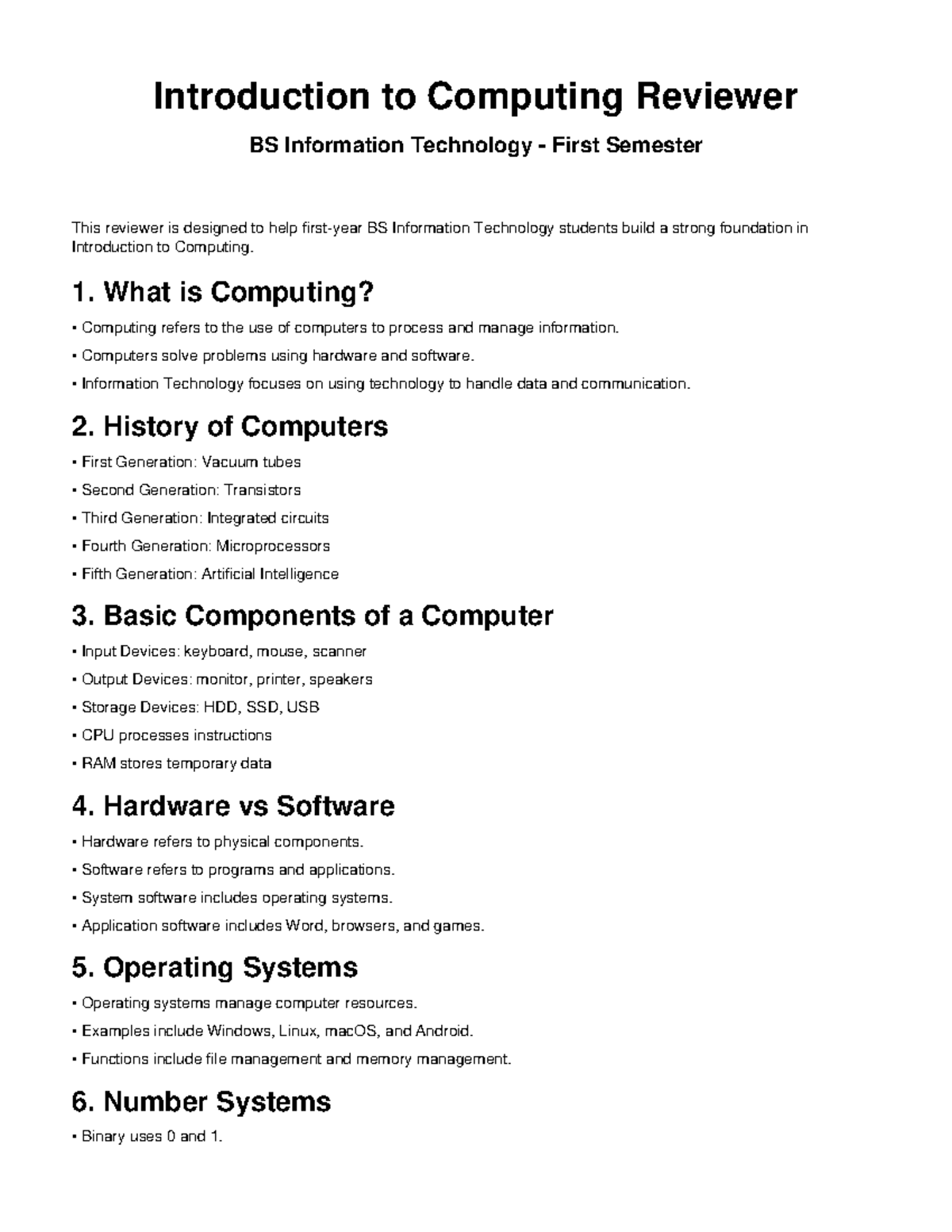 Introduction to Computing Reviewer BSIT 1st Sem - Studocu