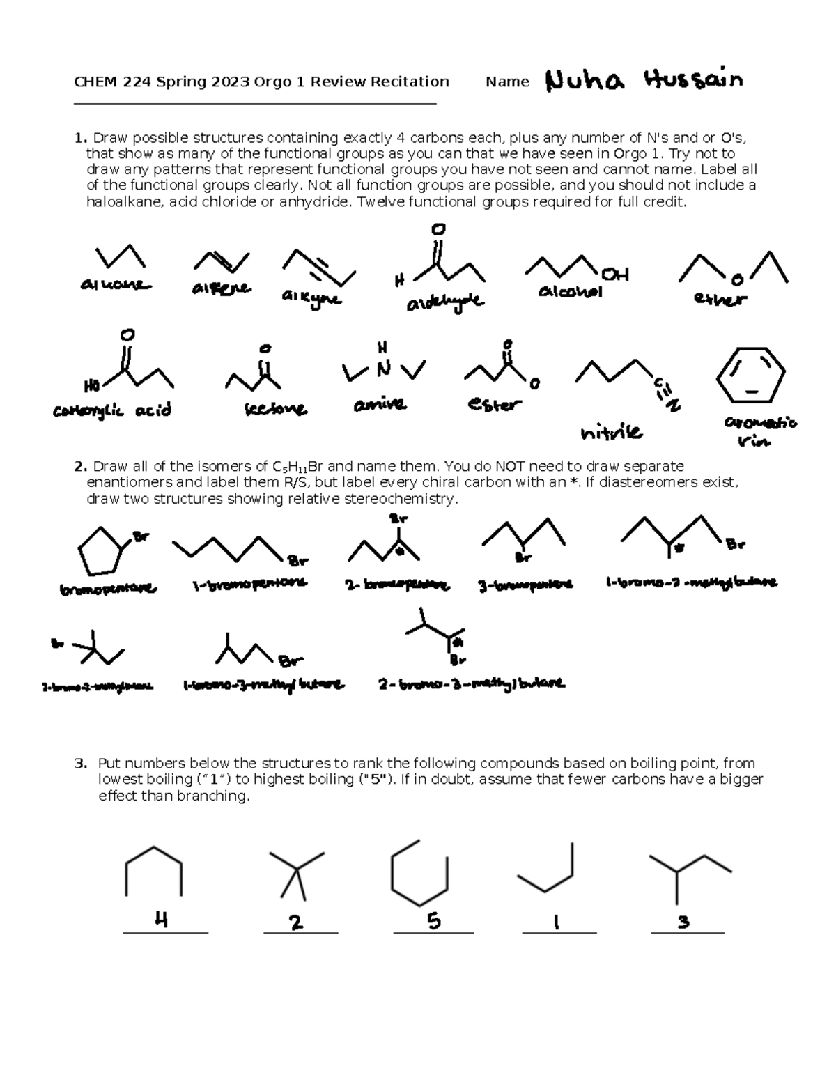 Orgo 2 rec hw 1 - Orgo 2 rec hw 1 - CHEM 224 Spring 2023 Orgo 1 Review ...
