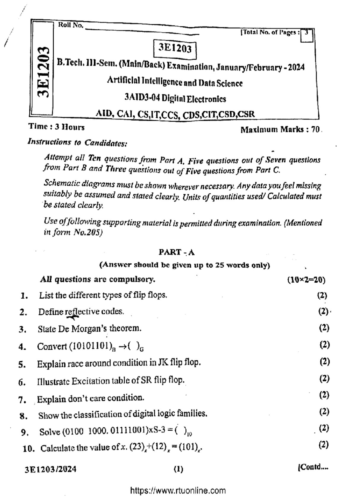 B.Tech CS IT 3 Sem Digital Electronics Exam 3E1203 Feb 2024 - Studocu