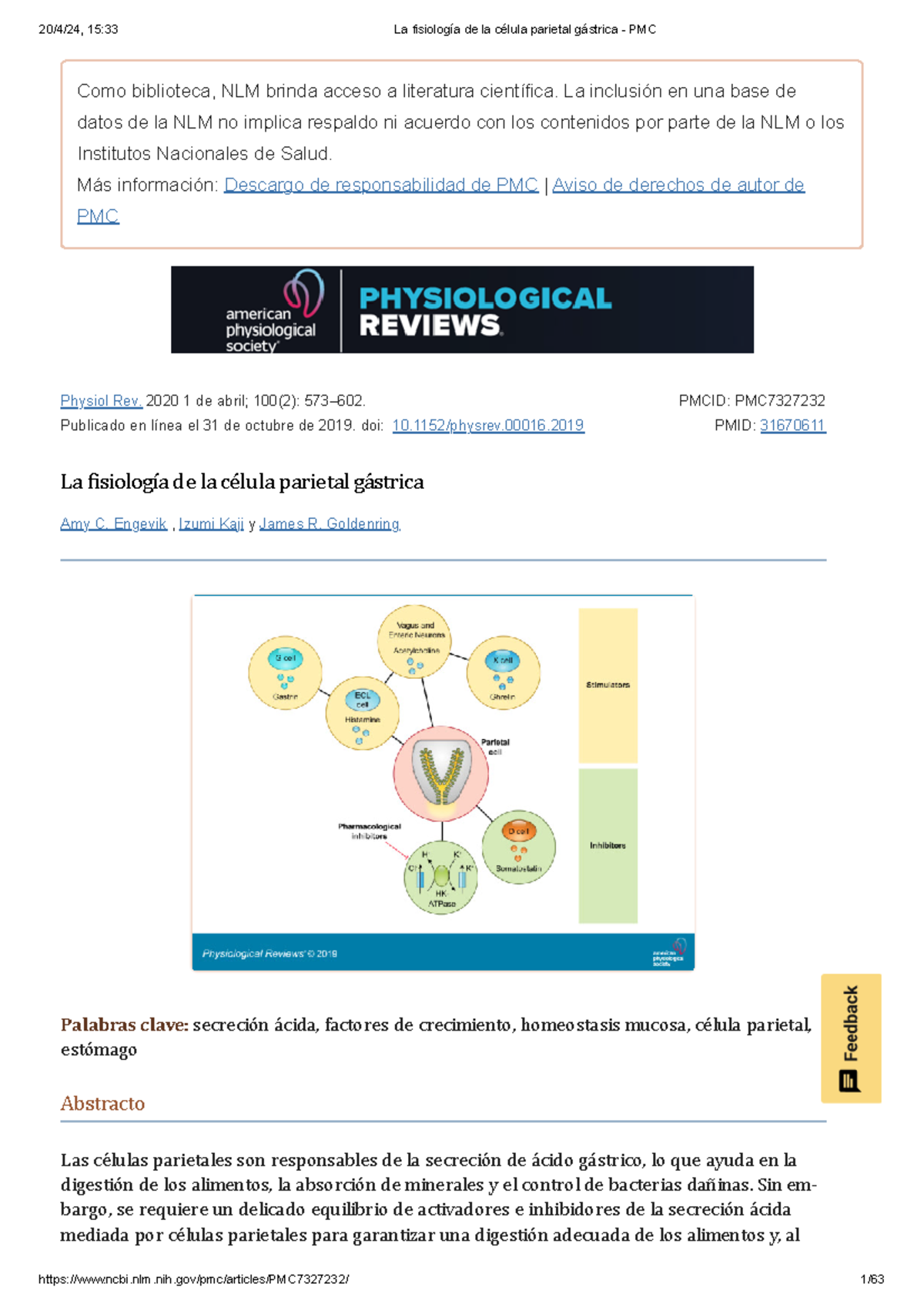 Fisiología de la Célula Parietal Gástrica - PMC - Resumen y Mecanismos ...