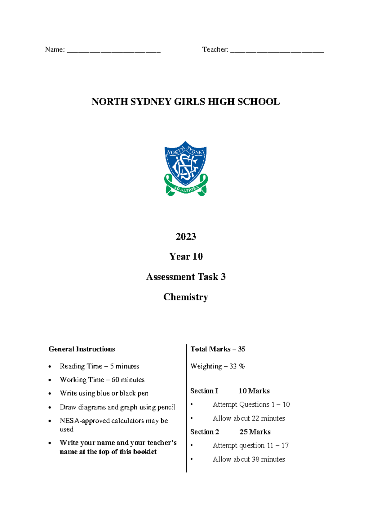 Year 10 Chemistry Assessment Task 3 2023 - Final Exam - Studocu