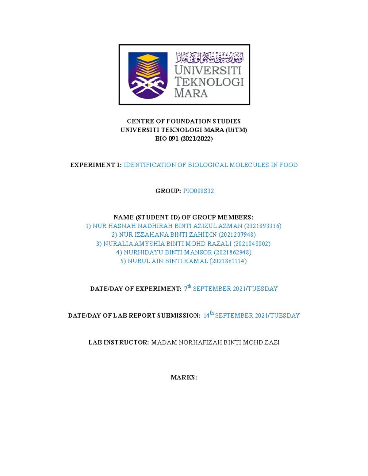 BIO 091: Lab Report on Identifying Biological Molecules in Food - Studocu