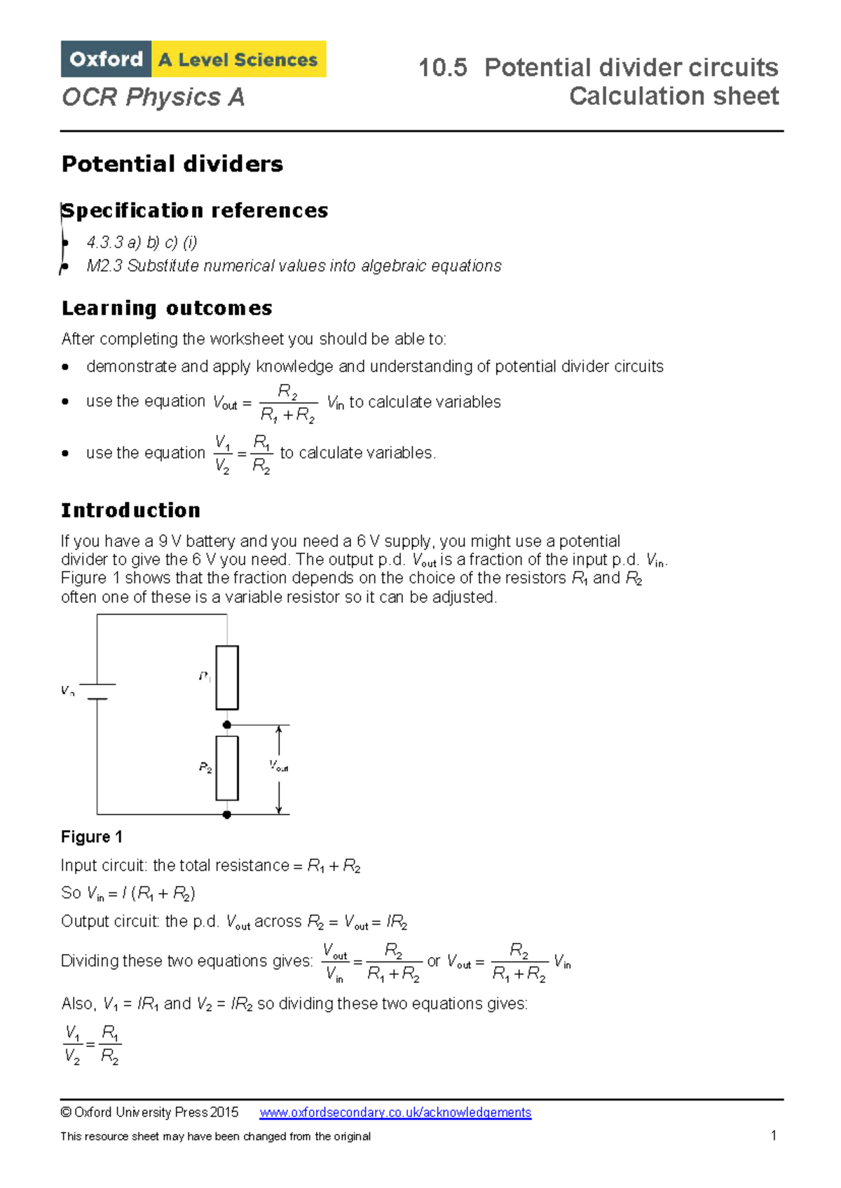 Ch10.5 Potential Dividers Calculation Sheet - OCR Physics A - Studocu