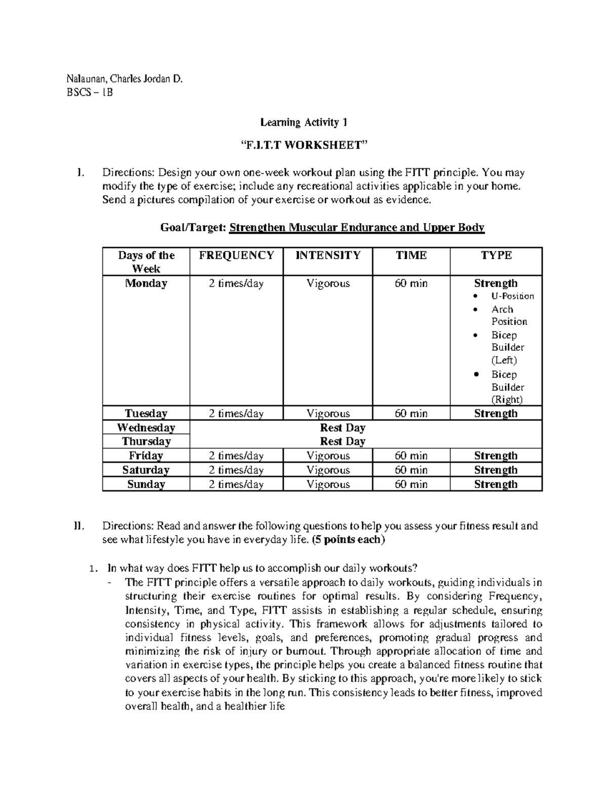 FITT Worksheet and One-Week Workout Plan for BSCS-1B Students - Studocu