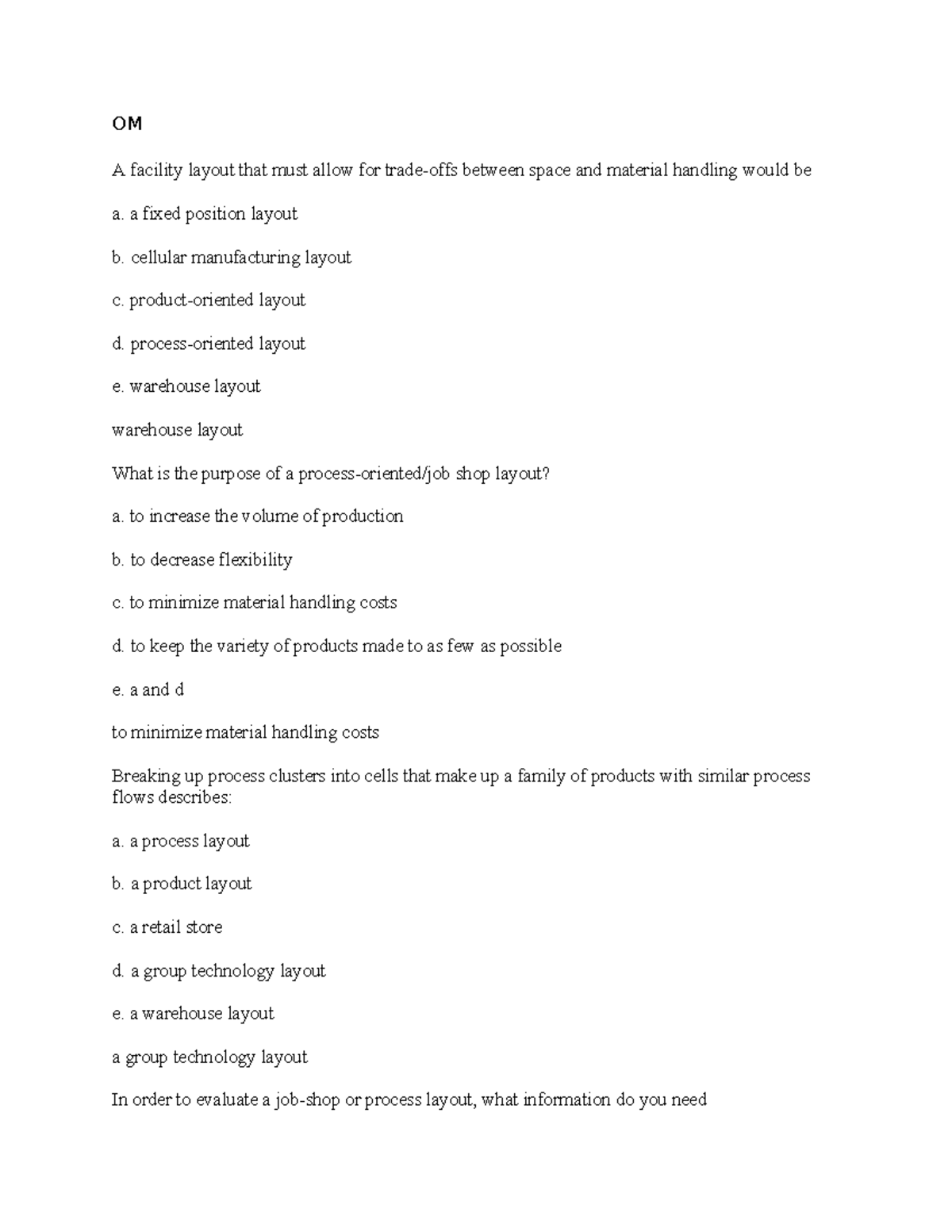 OM - Facility Layout and Inventory Management Concepts Overview - Studocu
