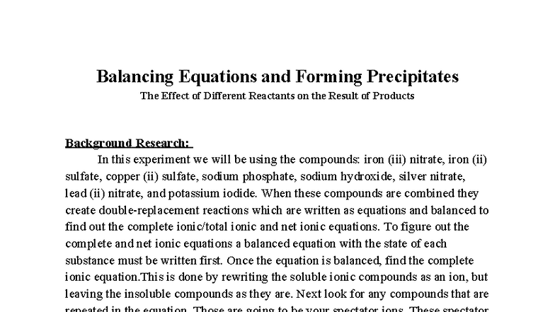 Balancing Chemical Equations & Precipitate Formation: Lab Study - Studocu