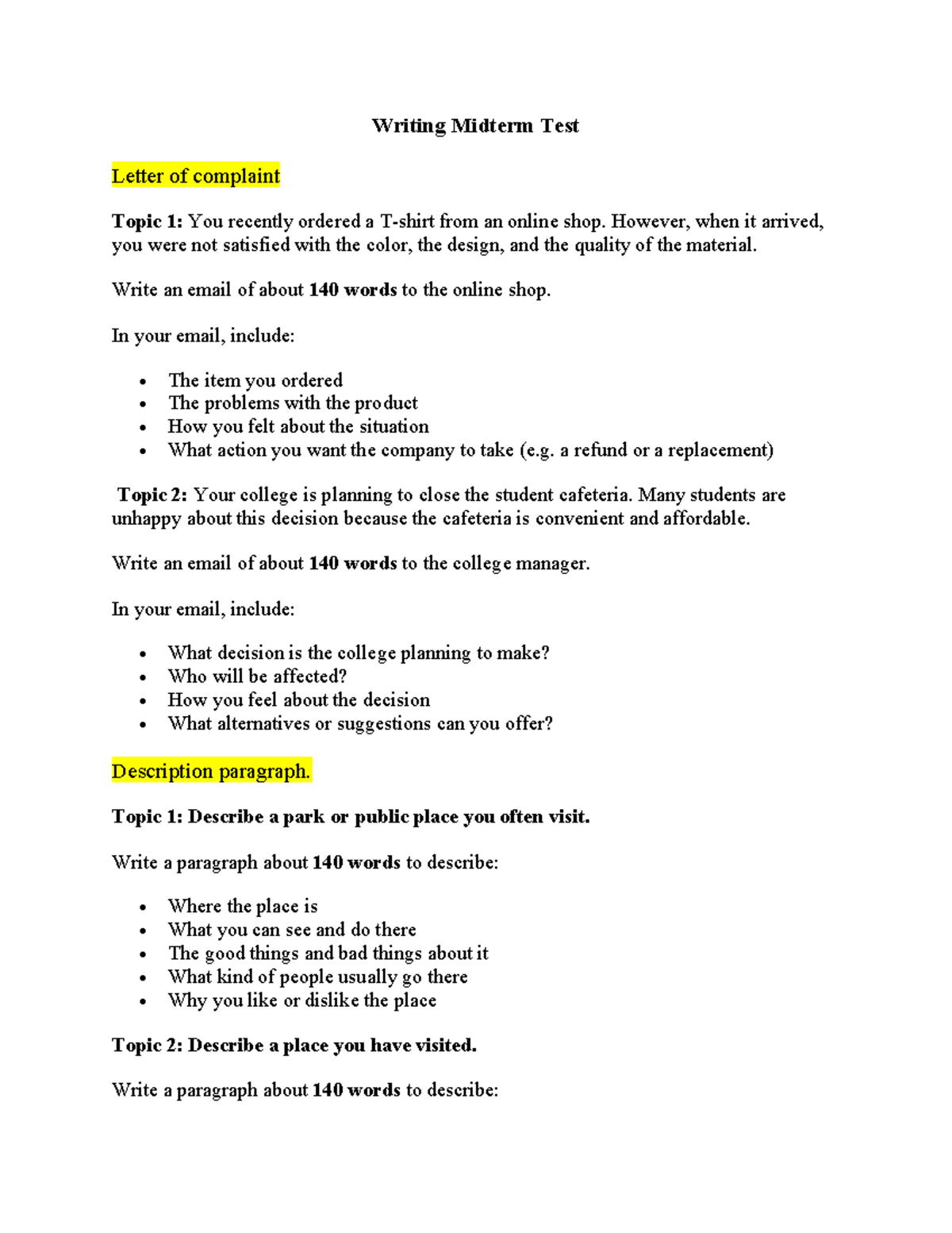 NC5 Writing Midterm Test: Complaint & Description Topics - Studocu