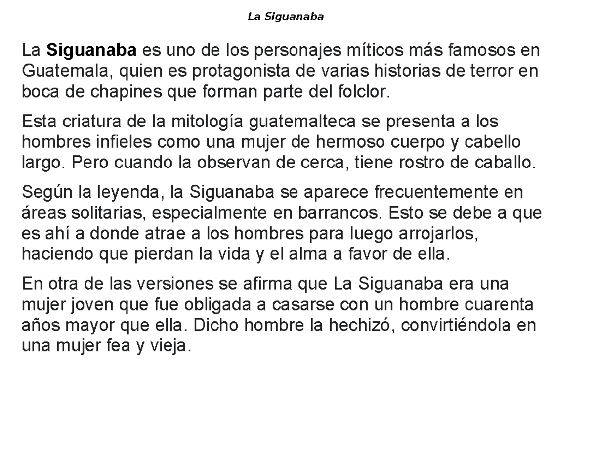 Leyenda de La Siguanaba: Mitos y Terrors de Guatemala - Studocu