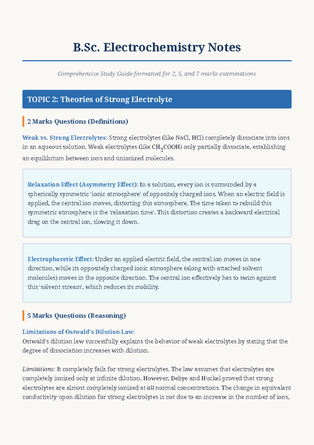 B.Sc. Electrochemistry Revision Notes: Comprehensive Study Guide - Studocu