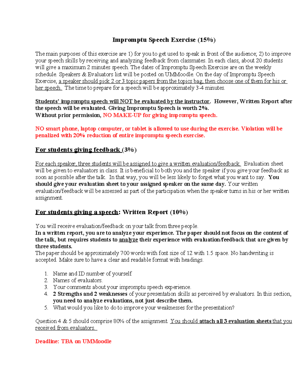 Impromptu Speech Exercise Guidelines and Evaluation (Course Code: SPE101) - Studocu